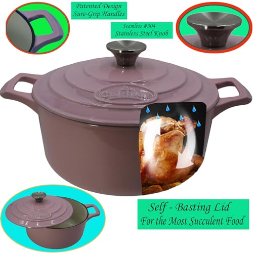 La Cuisine Enameled Cast Iron Dutch Oven Casserole Dish Pot with Lid, 3.7 QT 9.5 Inches Dia. Cream White Enamel Coating Interior Pink Oven-Safe