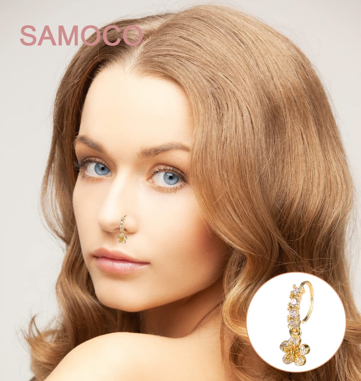 SAMOCO 20Pcs 20G Dangle Nose Ring L Shaped Dangling Stud for Women, CZ Flower Stainless Steel Studs Hoops Nose Piercing Jewelry(Gold)