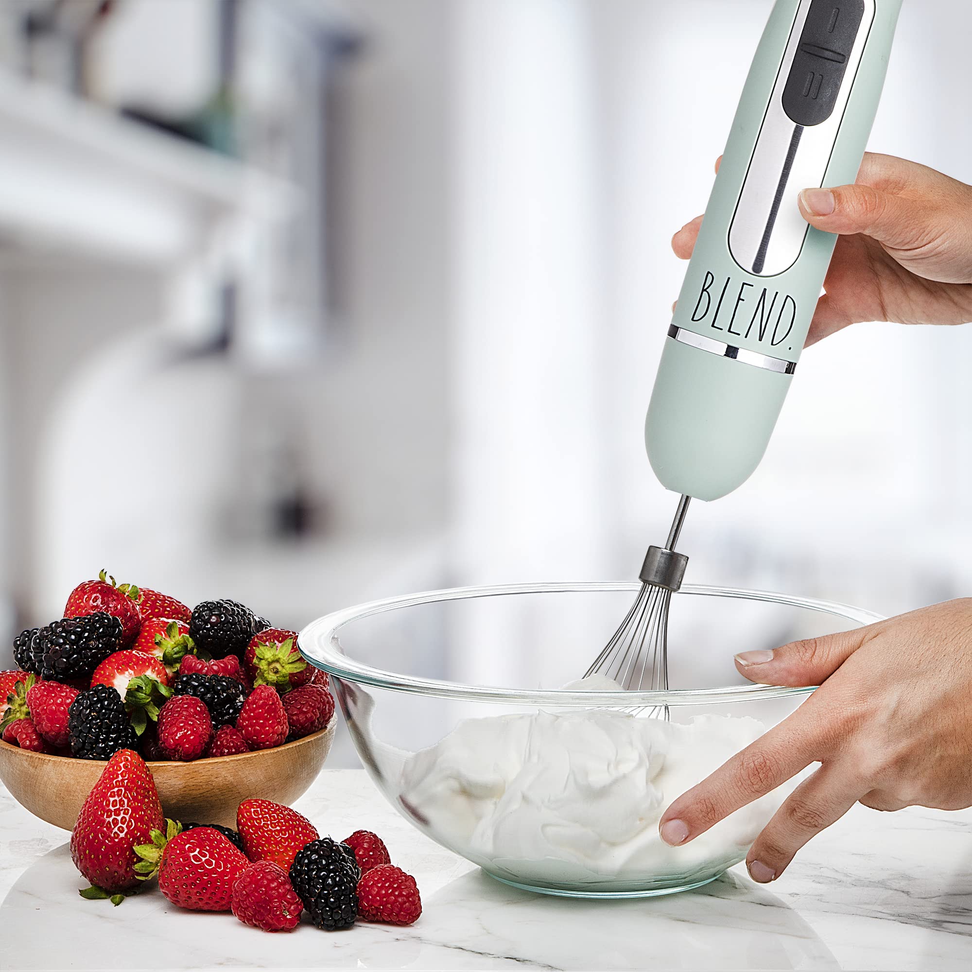 Rae Dunn Immersion Hand Blender- Handheld Immersion Blender with Egg Whisk and Milk Frother Attachments, 2 Speed Blender, 500 Watts, Stainless Steel Blade (Sage)