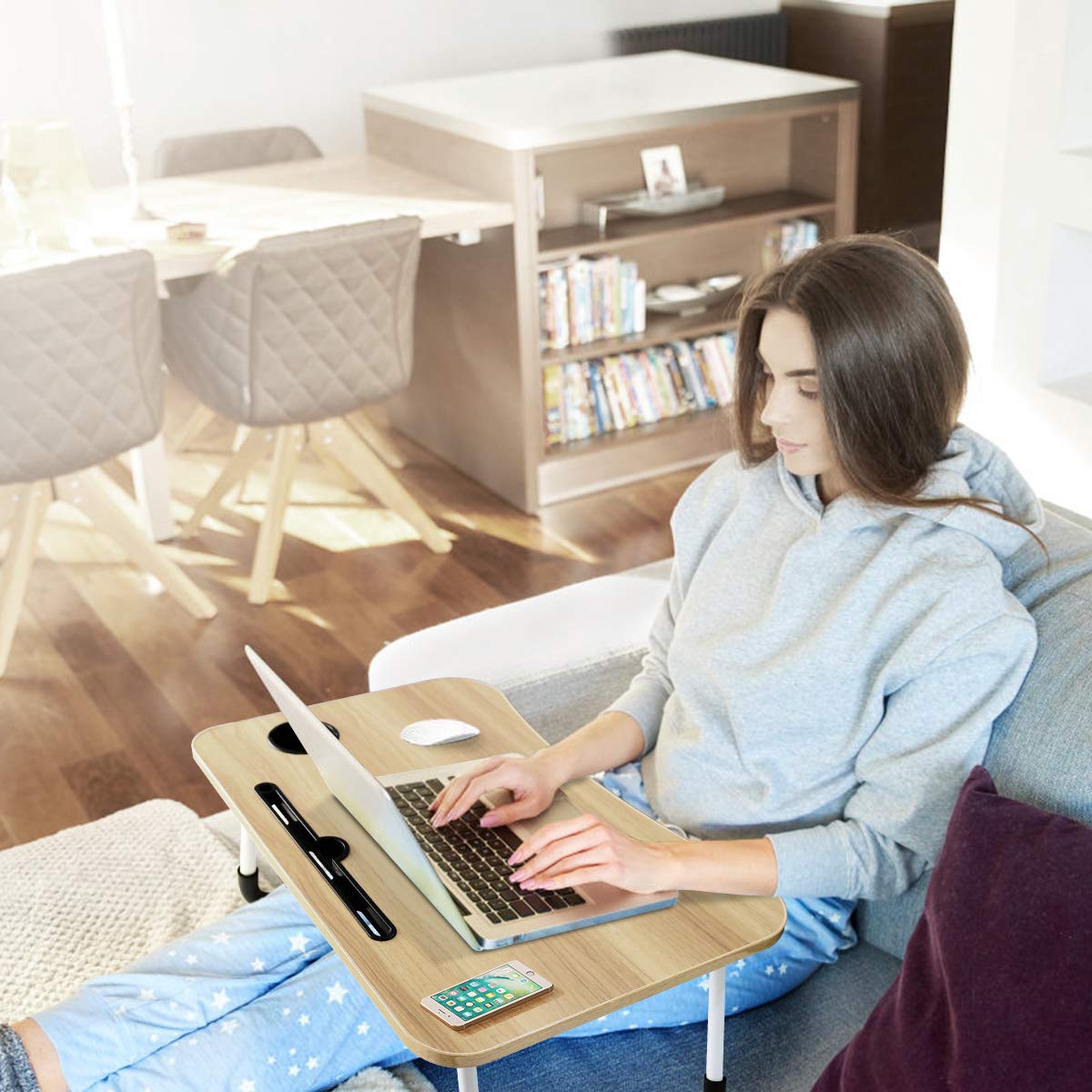 Lap Desk Foldable Bed Table Portable Multi-Function Lap Bed Tray Table with Storage Drawer and Cup Slot, Notebook Stand Breakfast Bed Tray for Sofa, Bed, Terrace, Balcony, Garden