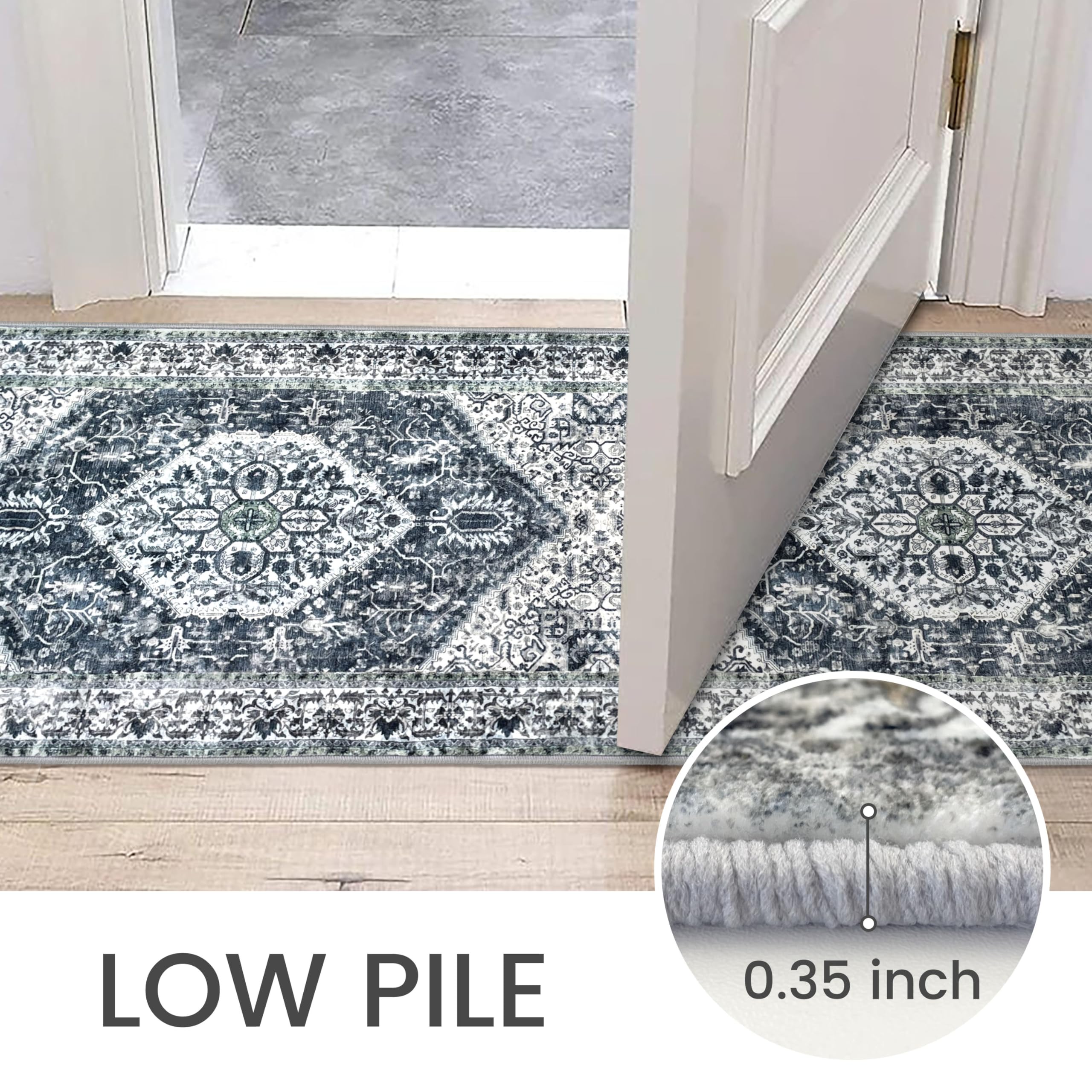 KOZYFLY Runners for Hallways 2x6 Ft Washable Kitchen Runner Rug Boho Runner Rug for Entryway Indoor Grey Oriental Faux Wool Bathroom Runner Rug Floor Carpet Runner for Bedroom Kitchen Hall