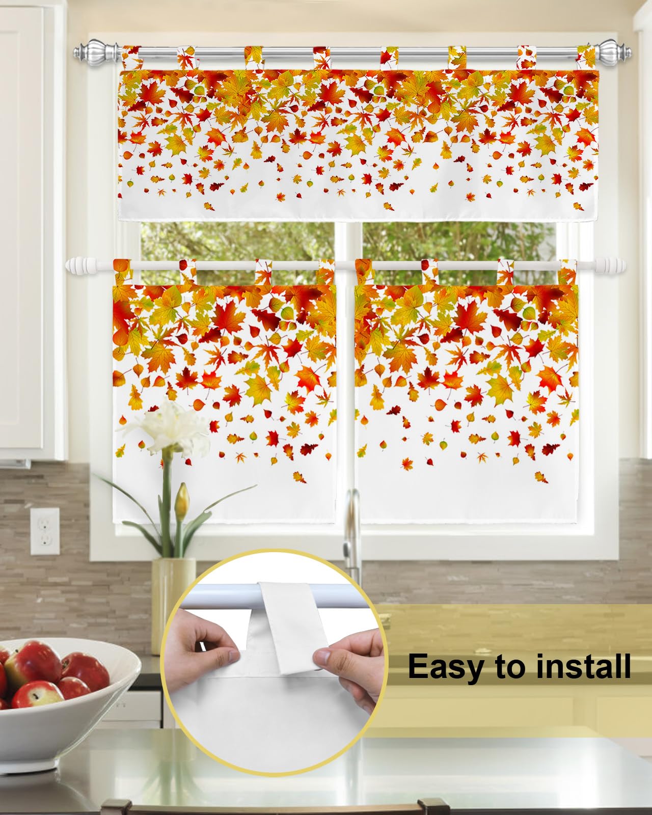 Kitchen Curtains Tiers and Valances Set 3 Piece Tab Top Valances for Windows, Fall Decor Kitchen Window Curtains Set, Valances for Living Room Bedroom, Orange Gradient Maple Leaves Thanksgiving