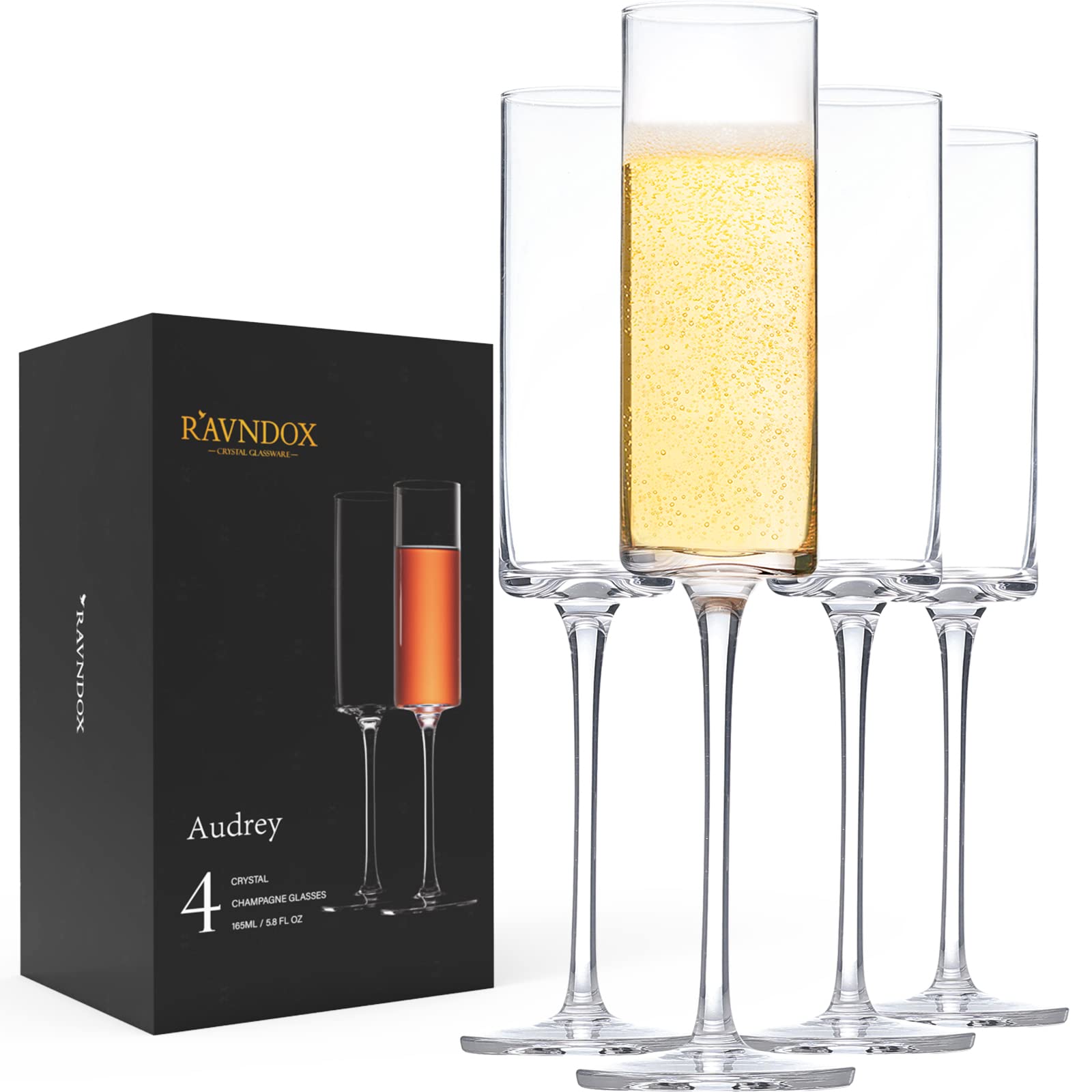 RAVNDOX Champagne Flutes, Edge Champagne Glass Set of 4 Lead-free Glasses- Modern & Elegant for Women, Men, Wedding, Anniversary, Christmas, Birthday, Premium Crystal