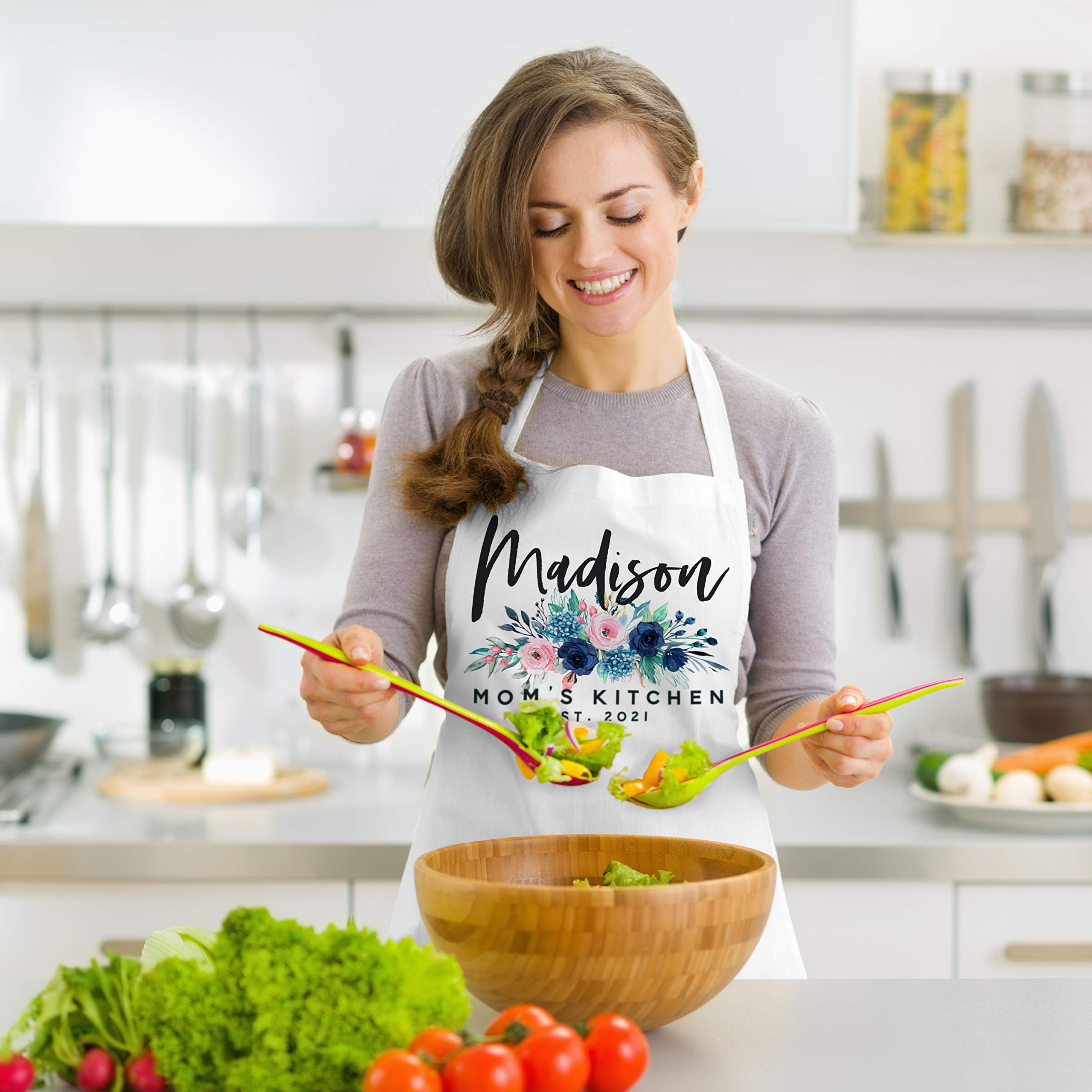 Personalized Kitchen Apron Initial Name Flowers Design - Customized Woman Man White Aprons Gift for Chef Cooking BBQ Grill Baking White Aprons - Gifts for Women Men - Unisex Cotton, Add Your Text -C02
