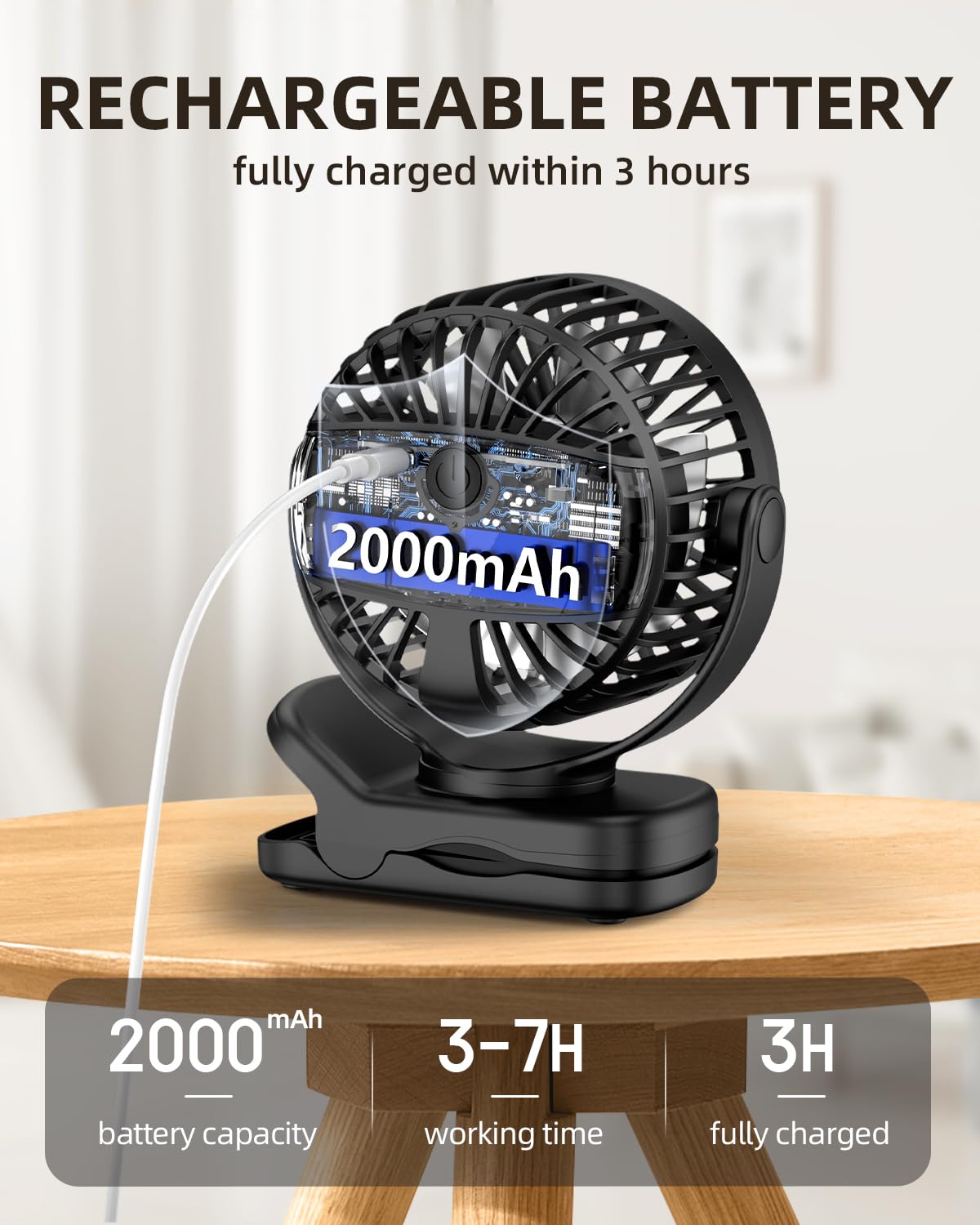 TUNISE Mini Clip on Fan, Battery Operated Desk Fan, Digital display,3 Speeds Adjustable, Bidirectional 360 ° Adjustable, Super Strong Wind, Portable Fan for Home Office Stroller Camping Black