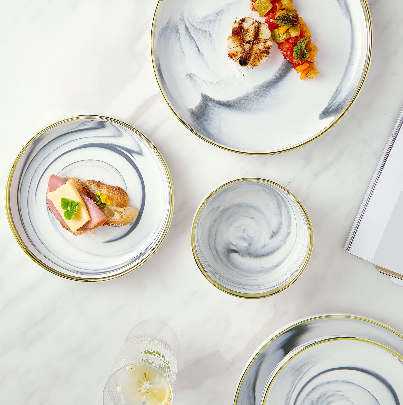 Pokini Dinnerware Sets, Marble Gold Line Plates and Bowls Sets Stoneware Dishes Set For 4, 12 Piece White Grey Marble Porcelain Round Dinner Dish Sets