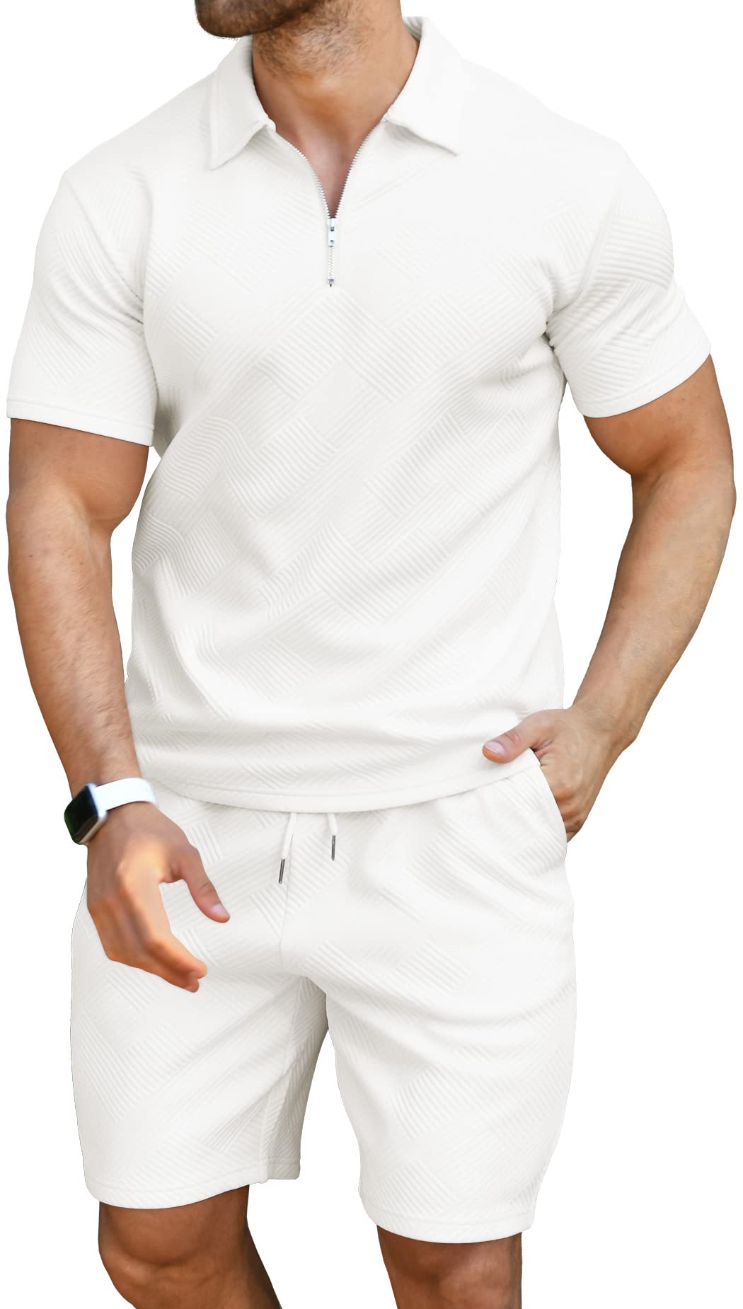 KUYIGO Men's Polo Shirt and Shorts Set Summer White Beach Outfits for Men2 Piece Tracksuit White 3XL
