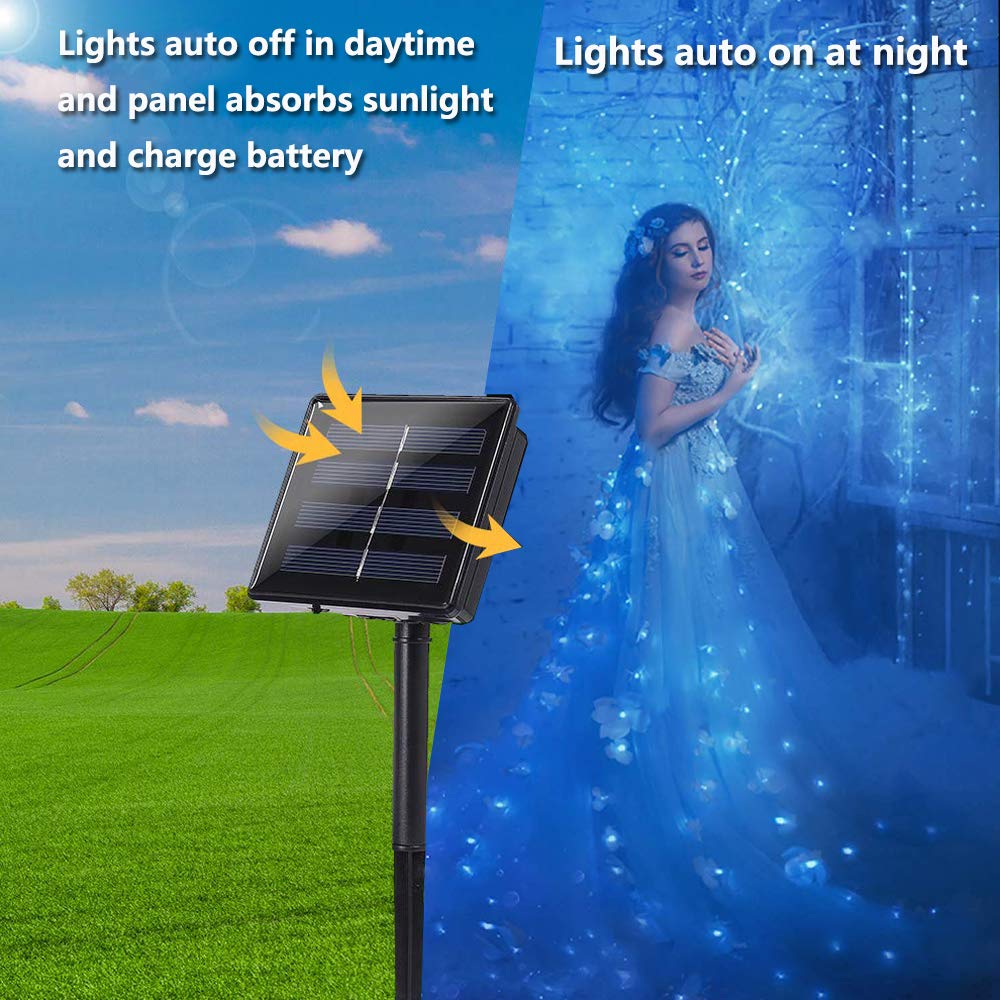 LiyuanQ Solar String Lights, 4 Pack 100 LED Solar Fairy Lights 33 Feet 8 Modes Silver Wire Lights Waterproof Outdoor String Lights for Garden Patio Gate Yard Party Wedding Bedroom Christmas Decor Blue