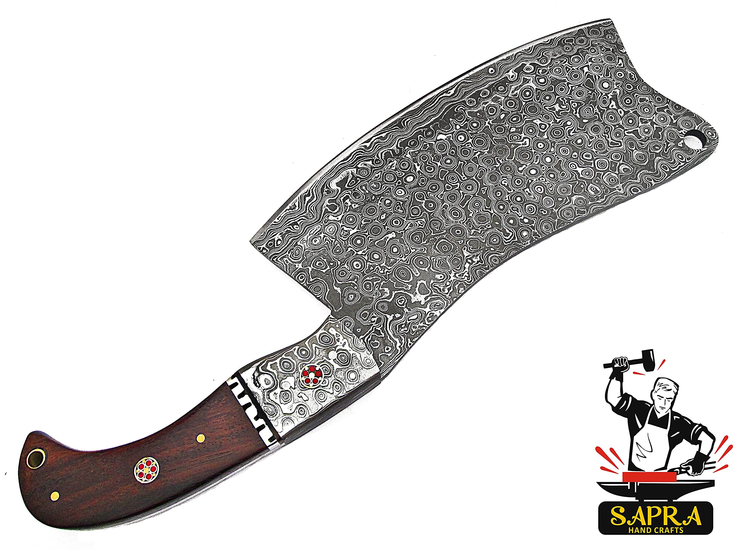 Sapra Damascus steel 10.75β Inches Meat Cleaver Chef Butcher Vegetable frozen Boning Cleaver Knife Heavy Duty Sharp Edge Full Tang Meat Cleaver Bone Copper with Genuine Leather Sheath