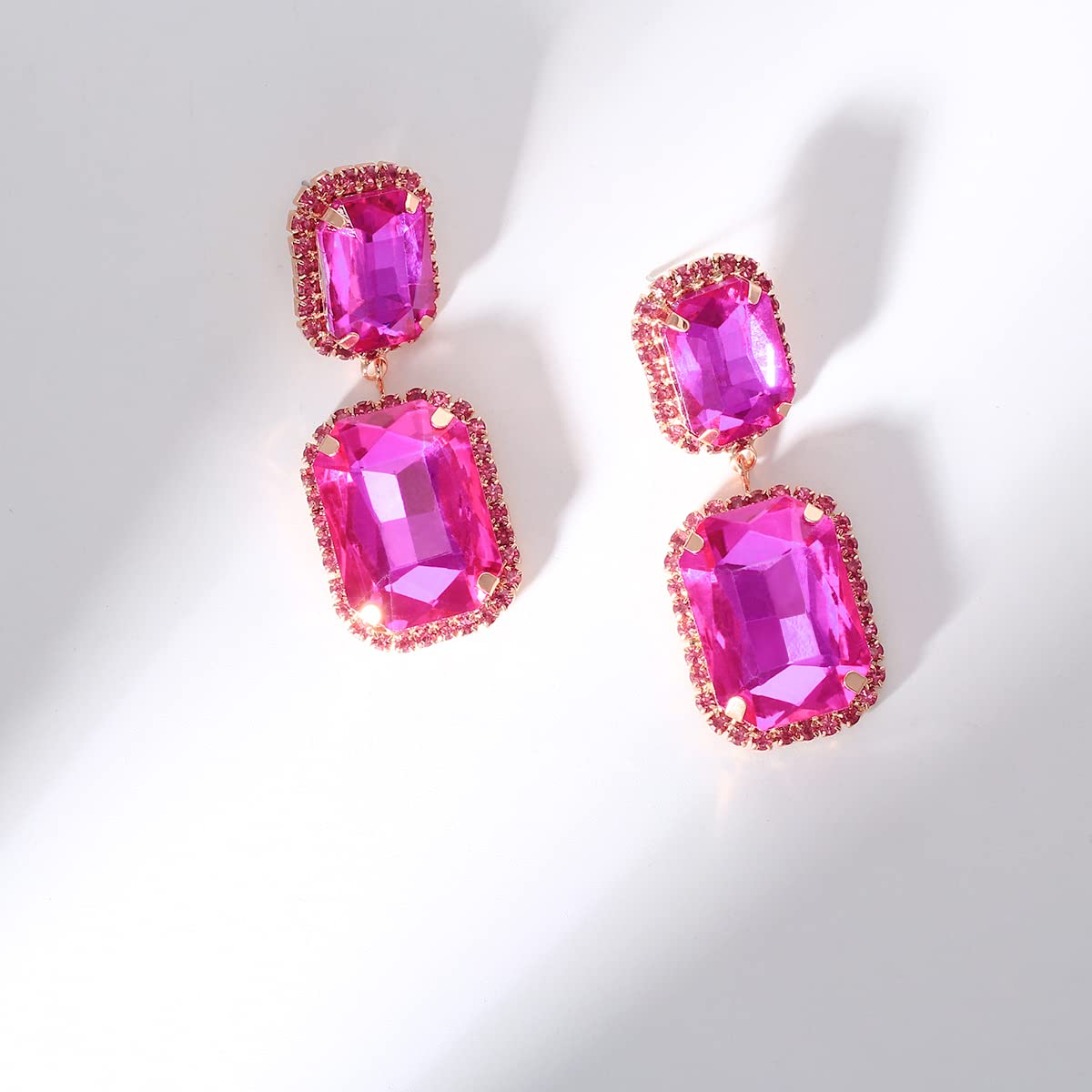 Rose Pink Crystal Chandelier Drop Earrings, Rhinestone Rectangle Statement Earrings for Women Evening Jewelry KELMALL COLLECTION