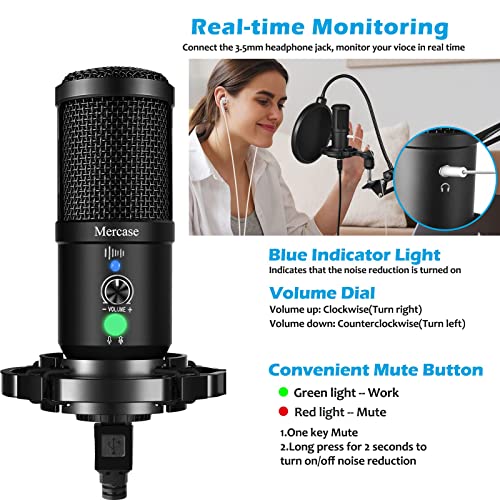 Mercase USB Condenser Microphone, 192KHZ/24Bit Mic kit Plug & Play with Mute Button,Real-time Monitoring, Noise Canceling,Microphone with Adjustment Arm Stand
