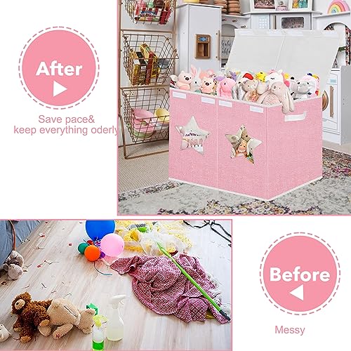 Xmasorme Large Toy Box for Girls, Toy Chest Box Organizer Bins with Star Transparent Windows, Sturdy Handles and Mesh Bag, Foldable Large Size Storage Box for Nursery, Playroom, Bedroom