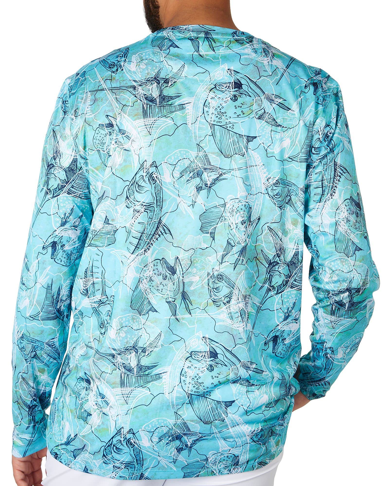 Reel Legends Mens Fish All Over Graphic Long Sleeve Top Medium Aqua blue multi
