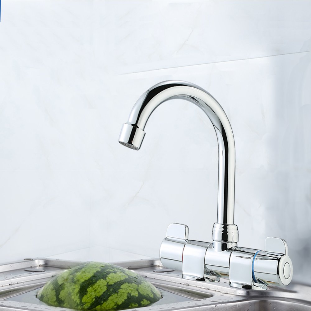 Kitchen Faucet,Wall/Deck Mounted RV Faucet Rotating,Stainless Steel Two Handle Deck/Wall Mounted RV Kitchen Faucet Hot and Cold Water Mixer Tap for Motorhome Travel Trailer