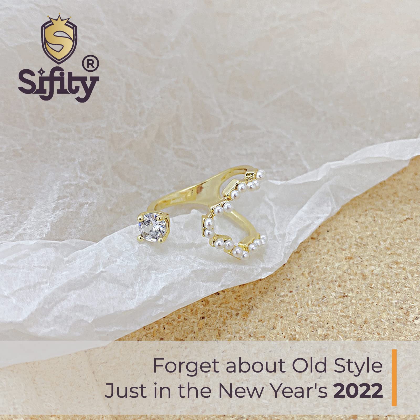 Sifity Open Link Pearl Simulated Diamond Ring for Women 18K Gold Plated 2023 Fashion Trendy Rings Stackable | Anillos Para Mujer (Blue Gift Box with LED Light)