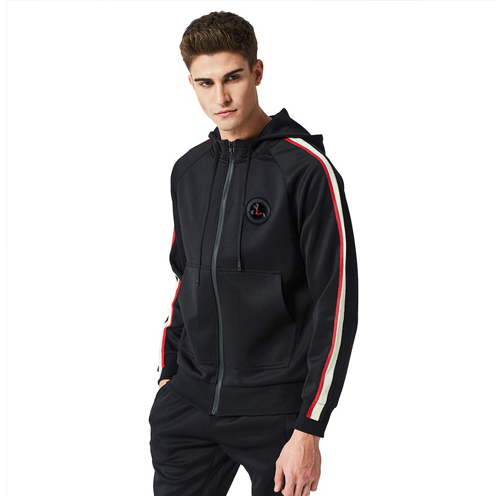 LBL Men's Sports Tracksuit Set Hooded Zip-up Casual Gym Jogging Sweat Suit Black M