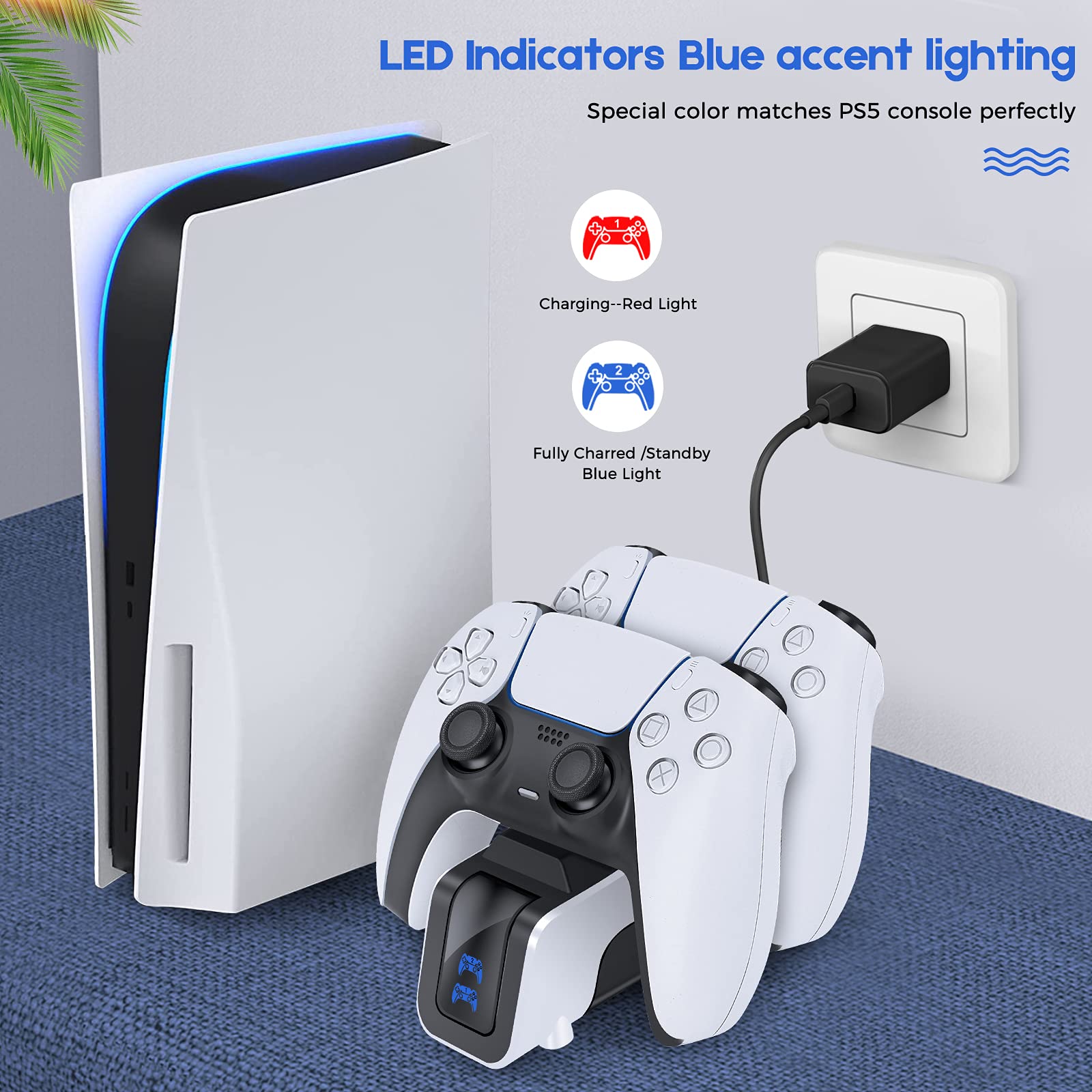 Mailink PS5 Controller Charger, Upgraded PlayStation 5 Charging Station Dock with LED Indicator, Safety Chip Protection, Dual USB Type C Fast Charging, for Sony DualSense Controller, White