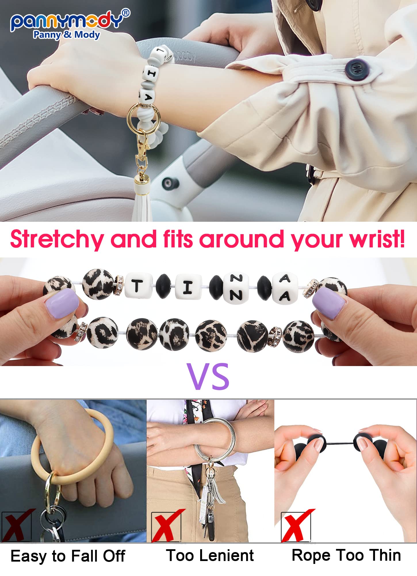 Panny&Mody Silicone Beaded Bracelet Keychain Wristlet,Personalized Keychain Wristlet Key Ring Holder with Zircon Leather Tassel(Pearl+White)