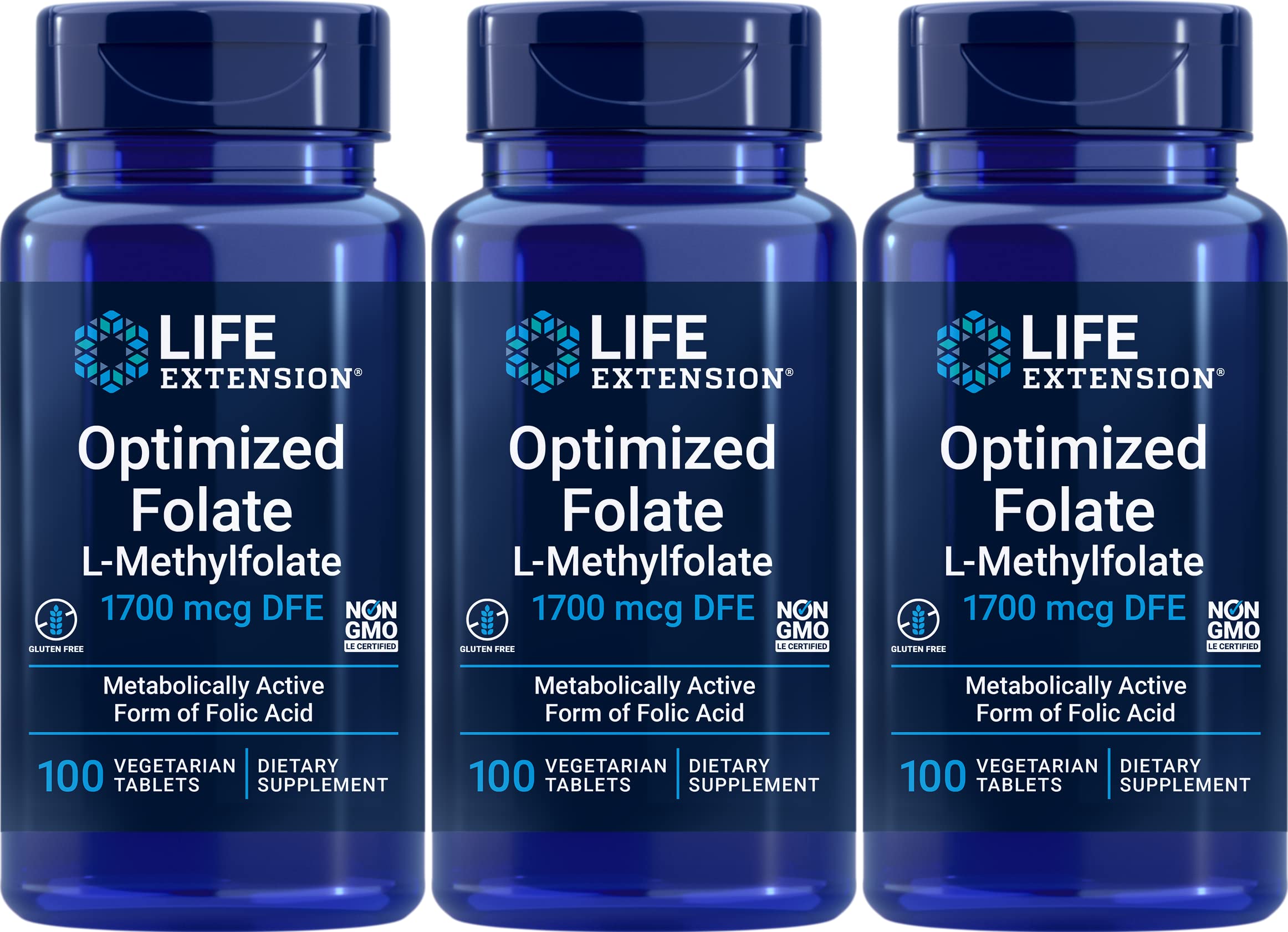 Life Extension Optimized Folate 1700 mcg DFE, 100 vegetarian tablets (Pack of 3)
