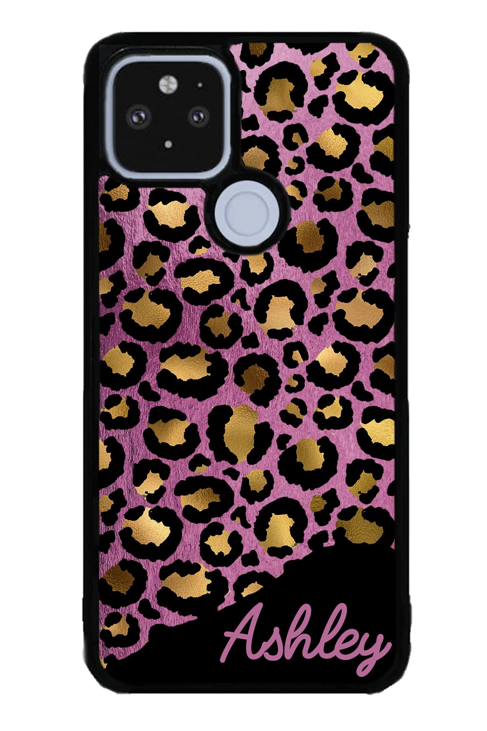 Leopard Skin Pink Gold Foil Personalized Black Rubber Phone Case Compatible With Google Pixel 8 Pro, 8a, 8, 7a, 7, Pixel 7 Pro, 6a, 6 Pro, 6, 5, 4a 5G, 4a 4G, 4, 4 XL, 3a, 3a XL, 3, 3 XL, 2 XL, 2
