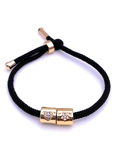 LESLIE BOULES Black Cord Bracelet for Women Gold Plated Heart and Star Cylindrical Charm