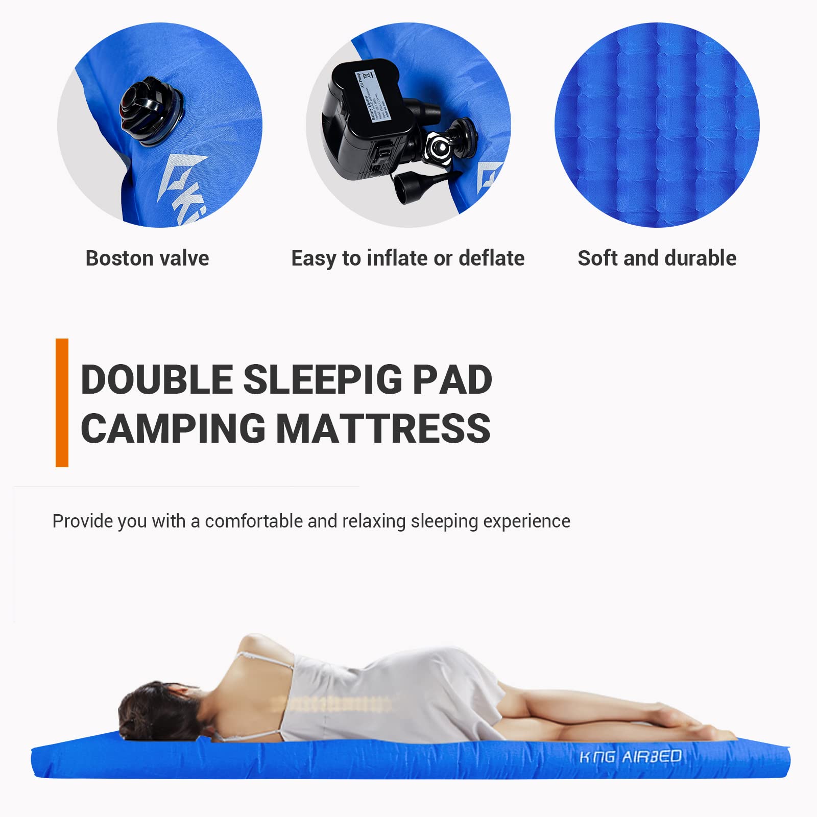 KingCamp Sleeping pad for Camping 6" Thick Camping Mattress 2 Person Inflatable Mattress Camping with Pump Up to 550LB for Heavy Weight for Tent Backpacking Queen Size Camping Pad Blue