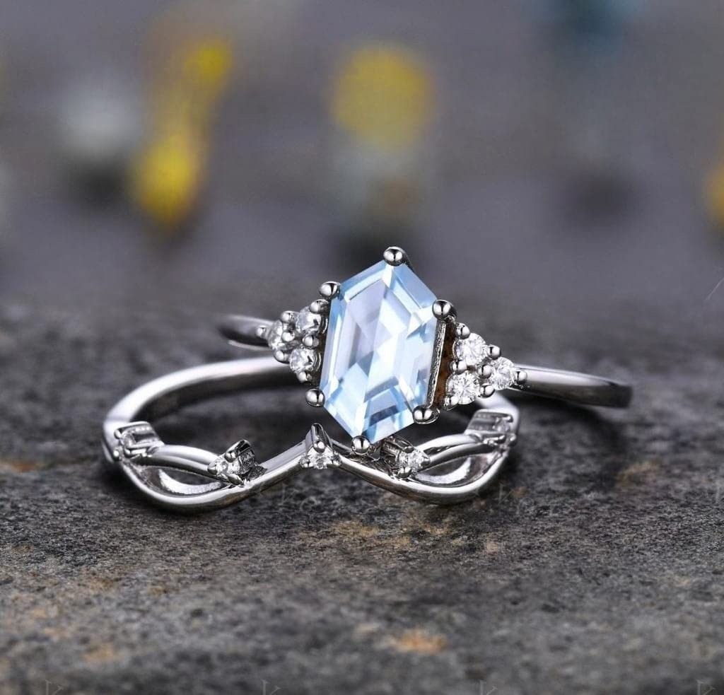 Retro hexagon Aquamarine Ring,Vintage Sterling Silver Ring Set,Unique Aquamarine Engagement Ring,Promise Ring,Anniversary Ring Gift For Her (ROSE GOLD, 6)