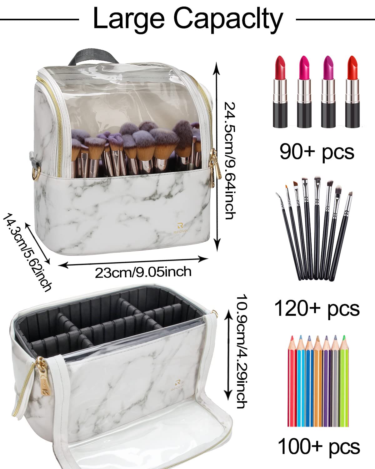 Makeup Brush Case, Stand-up Makeup Cup, Makeup Brush Holder, Travel Professional Cosmetic Bag (large size marble, Large)