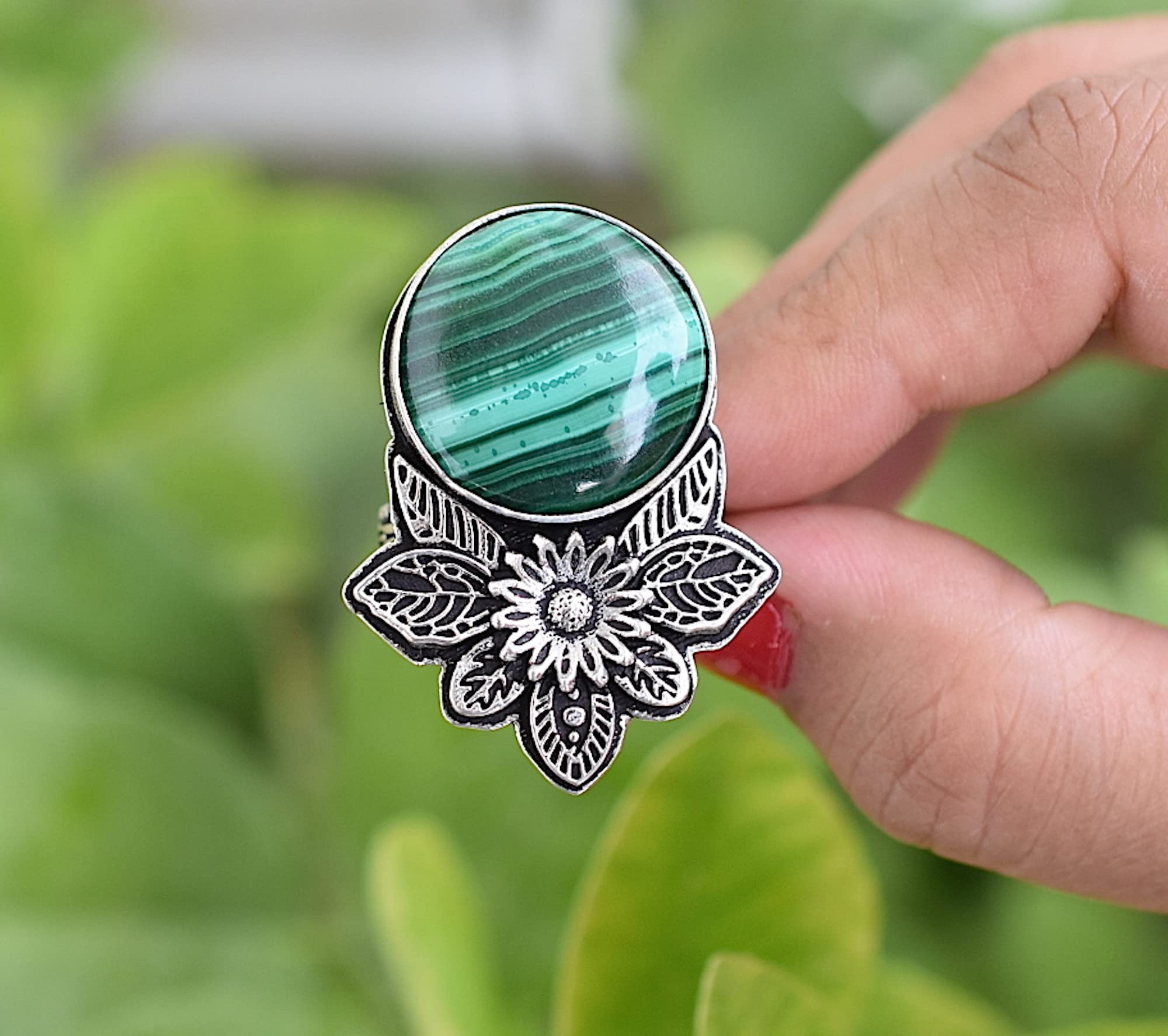 Rekha Gems Malachite Ring-925 Sterling Silver Ring-Vintage Ring-Handmade Ring-Birthday Gift-Green Gemstone Ring-Boho and Hippie Ring-Birthstone Ring-Malachite Jewelry- RMK13 (4.50 US)