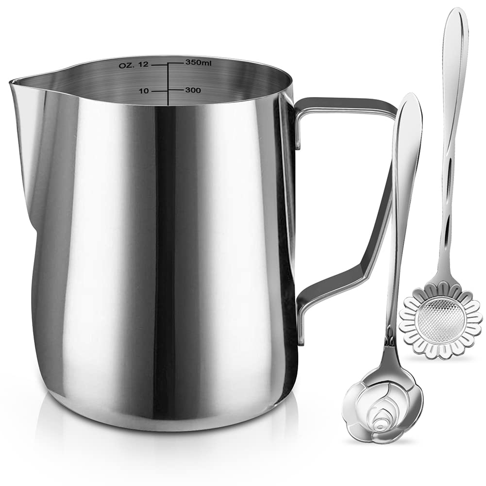 SIKEMAY Milk Frothing Pitcher Jug - 12oz/350ML Stainless Steel Coffee Tools Cup - Suitable for Espresso, Latte Art and Frothing Milk, Attached Dessert Coffee Spoons