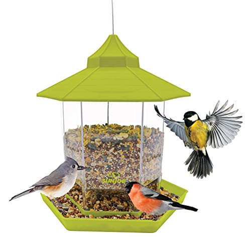 Sun Joe SJ-WBFX-GRN Wild Bird Hanging Feeder, w/Roof and Hexagonal Shape, for Outdoor Garden & Yard Decoration, 2.15 Lbs Bird Seed & Nut Capacity