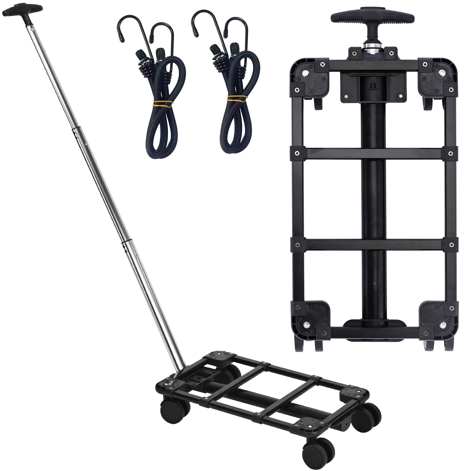 yookee home Small Hand Truck with 2 Ropes Folding Hand Truck Dolly Cart Collapsible Cart Heavy Duty Moving Dolly Portable Trolley for Luggage, Travel, Moving, Shopping, Office Use, Black