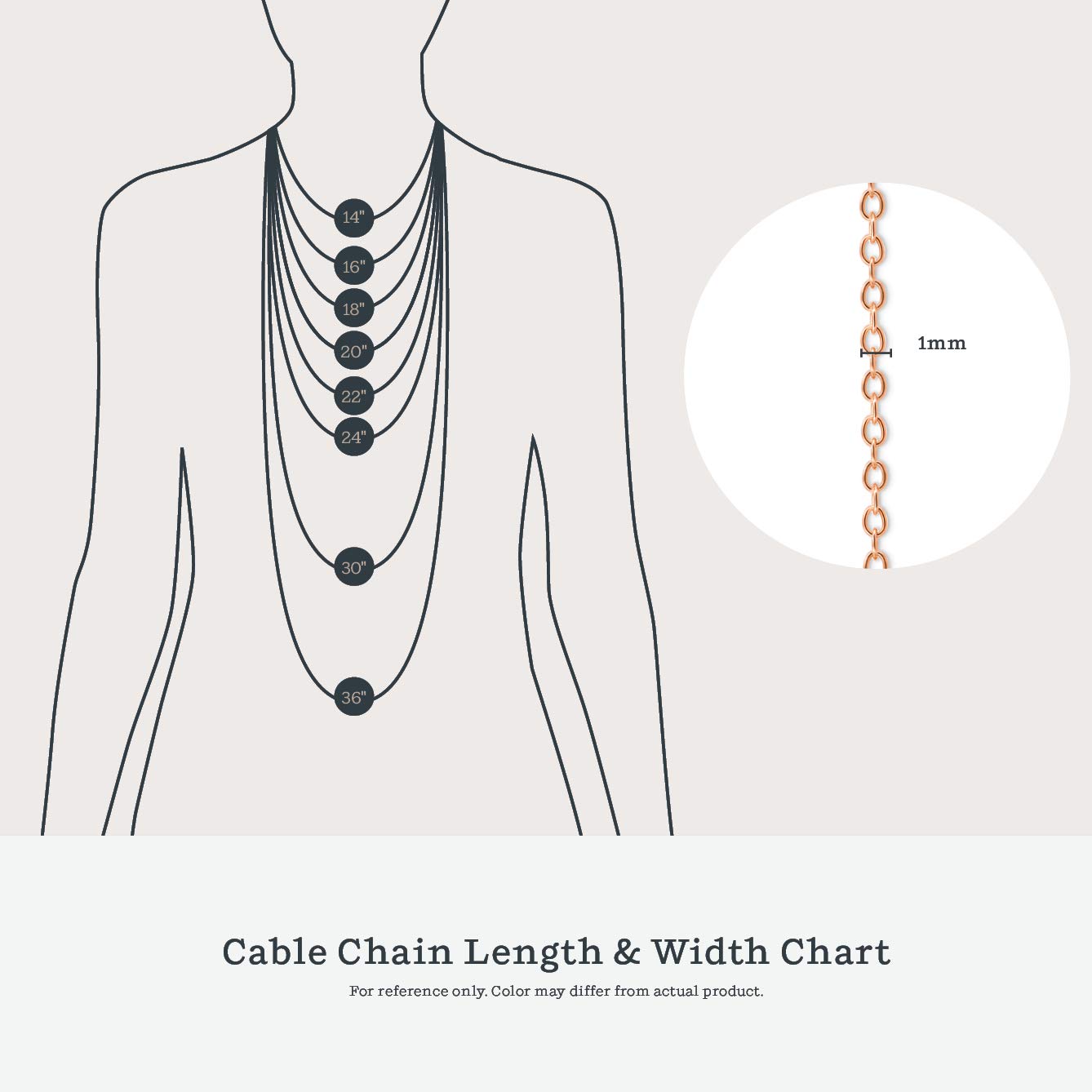 KEZEF Cable Chain Necklace Sterling Silver Italian 1.3mm Rose Gold Plated Nickel Free 14 inch