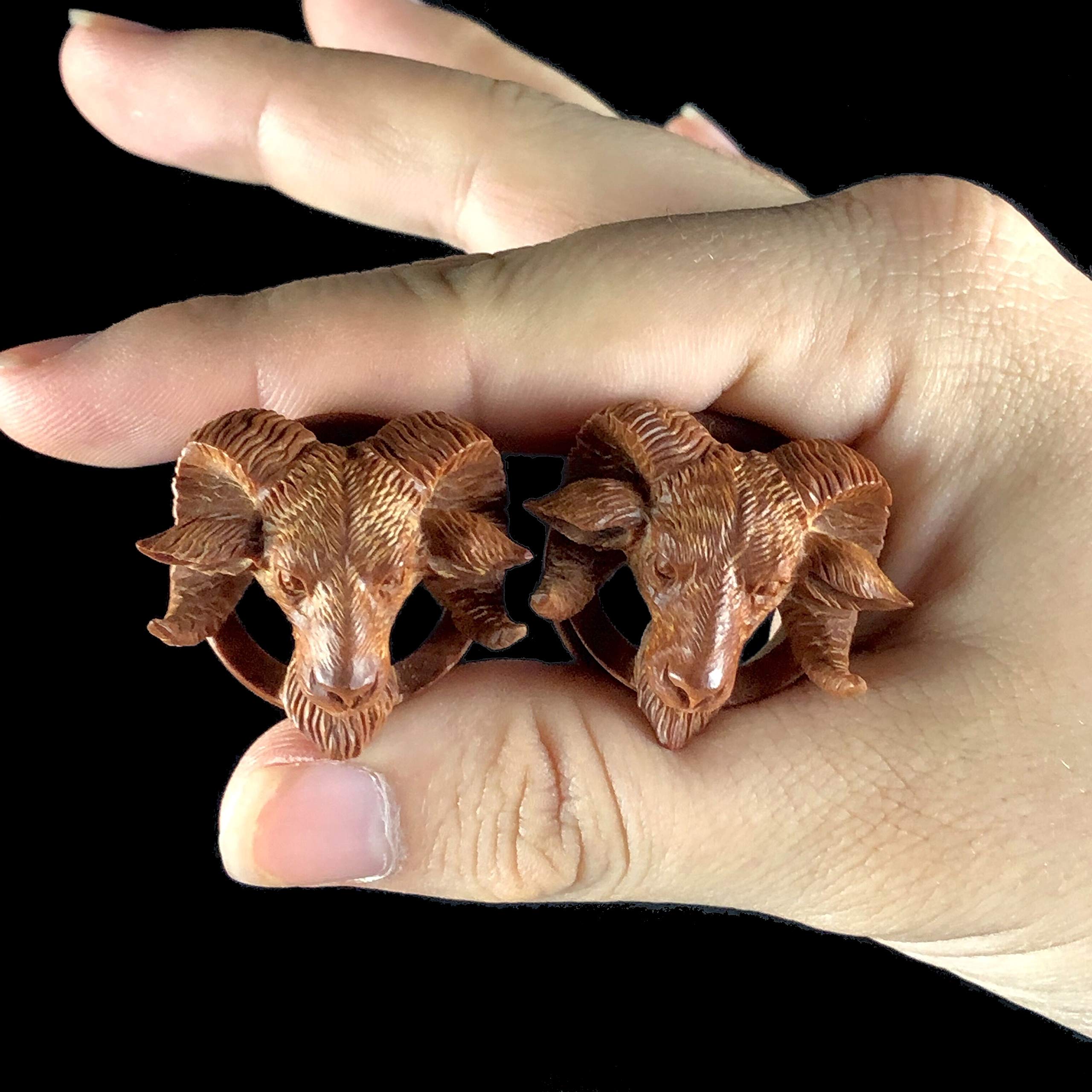 Mystic Metals Body Jewelry Pair of Hand Carved Saba Wood Goat Head Plugs(PW-340) (5/8" (16mm))