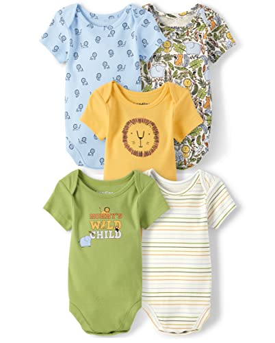 The Children's Place Baby Boys' Short Sleeve 100% Cotton Bodysuits 5 Pack, Safari, 18-24 Months