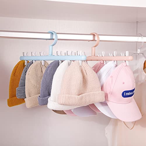 Yesesion Hat Organizer Set, 2 Pack Hanging Hat Rack for Baseball Caps, Blue Hat Hanger Holder for Closet with 6 Clips, Hat Organizer Hanger Storage Holder for Home, Entryway, Bedroom (Blue/White)