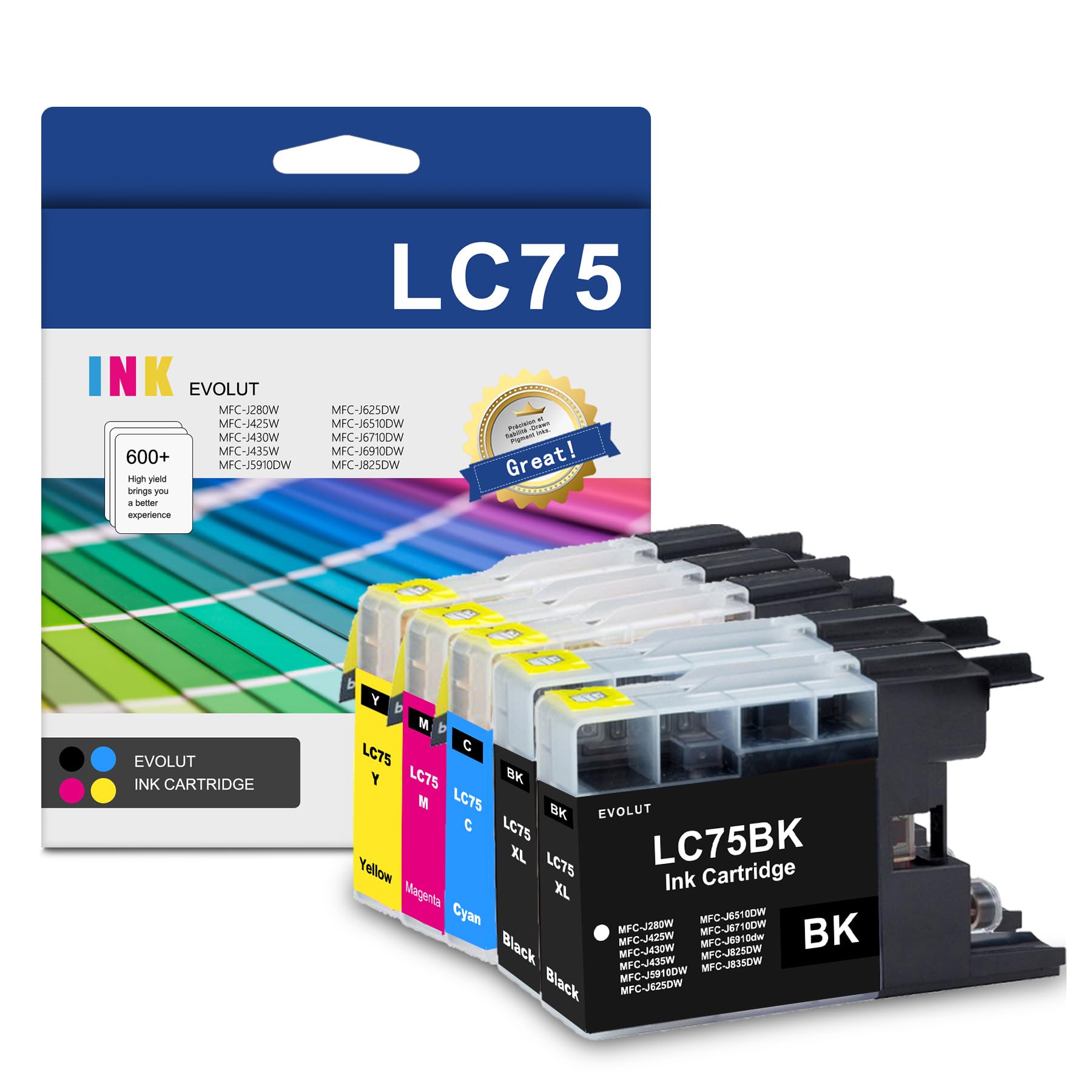 LC75 High Yield Ink Cartridge (5-Pack, 2BK/1C/1M/1Y) - Eout Compatible LC75BK LC75C LC75M LC75Y Ink Cartridge Replacement for Brother LC75 MFC-J280W MFC-J425W MFC-J430w MFC-J435W Printer