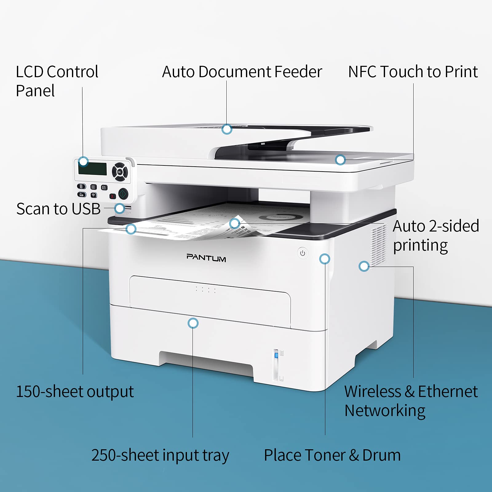 Pantum Copier Wireless All in One Laser Printer Scanner Copier, Print Black and White, Auto Two-Sided Printing, Print at 35PPM, M29DW(V3T76A)