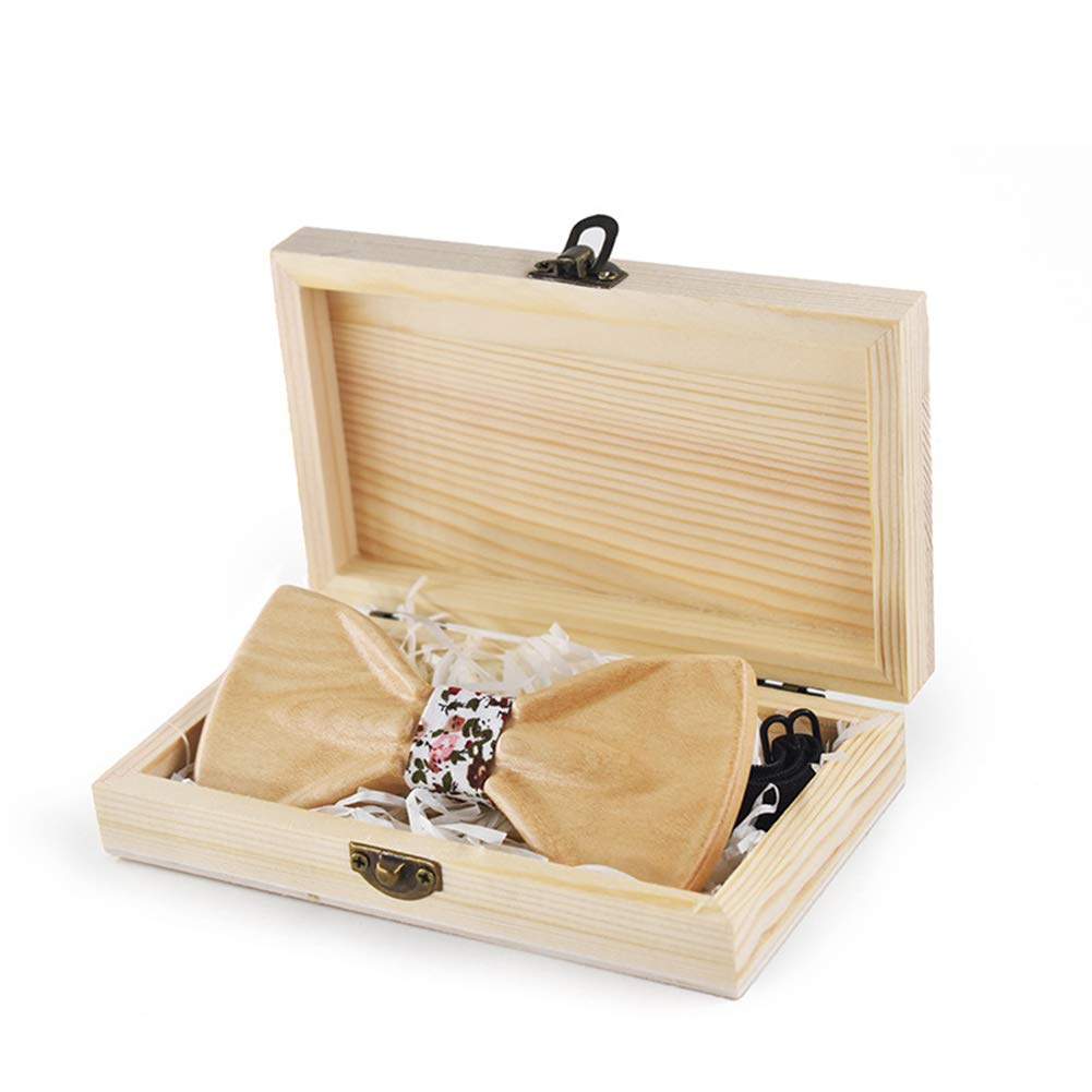 Men's Classic Wood Bow Tie Matching Handkerchief Cufflinks Flower Lapel Pin Set, Green, 12 * 5.5cm