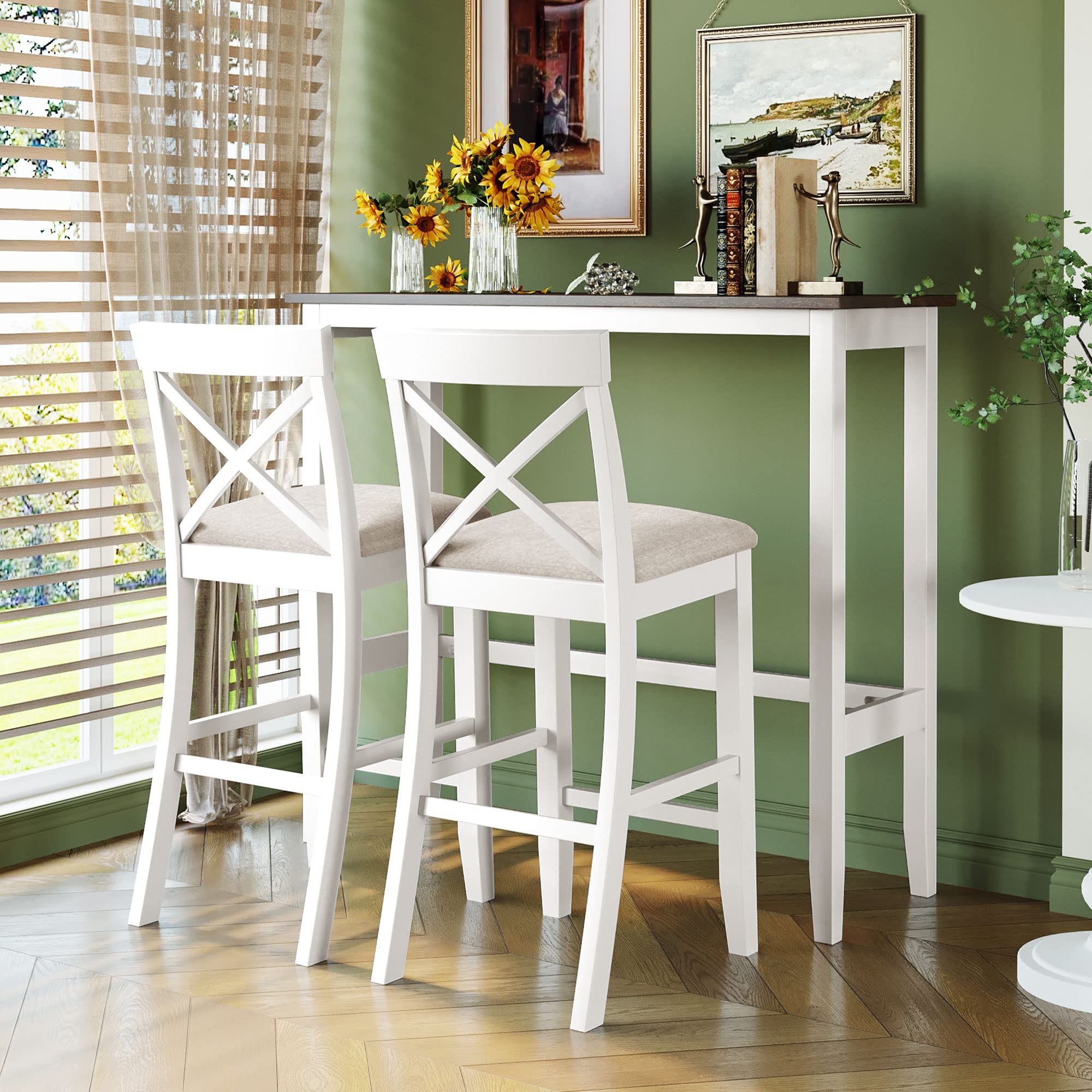 Lepfun Table, Farmhouse 48” Rectangular Wood Bar Height Dining Set, Kitchen Breakfast Nook with 2 Chairs for Small Places, Cherry+White