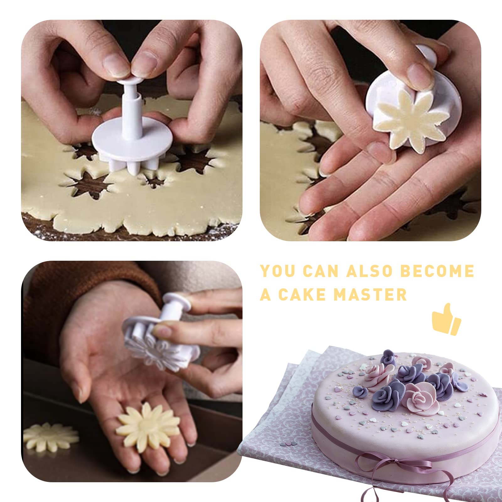 Sunflower Fondant Cutter Flower Molds for Fondant 4PC Chrysanthemum 8Petals Daisy Plunger Cutter Gerbera Cutting Set Cookie Cutter Decorating Mold Tools Decoration Embossing Tool