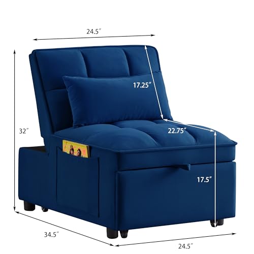 YOPTO Multi-Function Convertible Single Sleeper Sofa Bed with Storage Pockets,Velvet Tufted Pull-Out Couch Bed 4in1 W/Adjustable Backrest & Pillows,Chaise Lounge for Living Room,Small Space,Navy