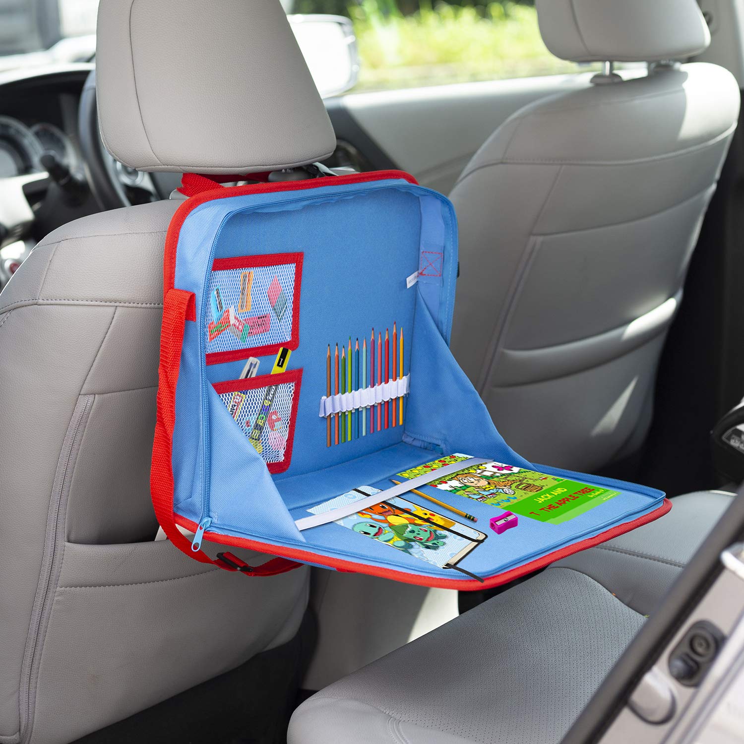 lebogner Kids Car Seat Travel Tray, Backseat Tablet Holder, Carry Bag With Storage Organizer Mesh Pockets And Shoulder Strap, On The Go Activity Lap Desk To Play, Eat, Or A Writing Surface