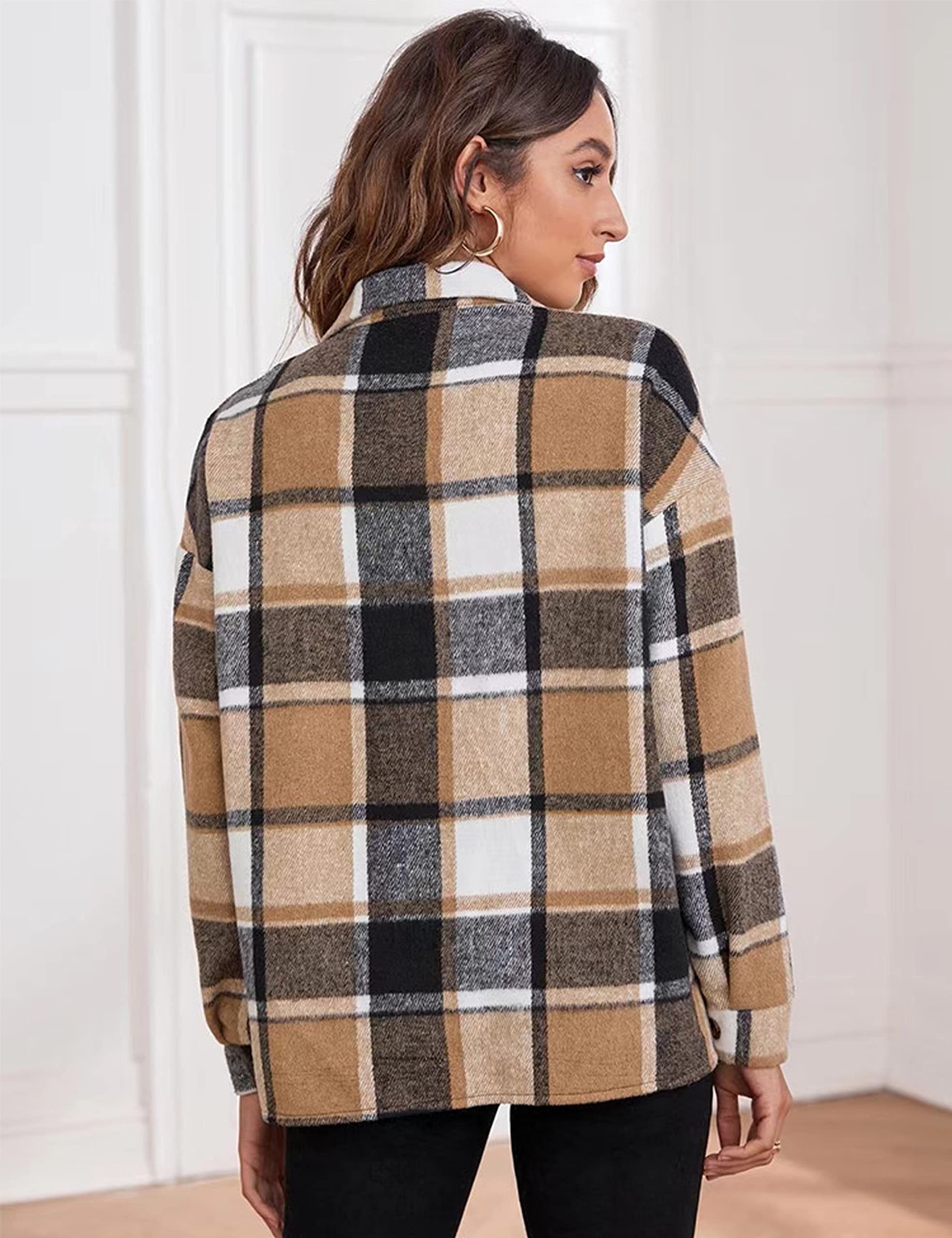 Lentta Women's Flannel Plaid Shacket Jacket Casual Fall Wool Blend Button Up Shirt Coat(Khaki-L)
