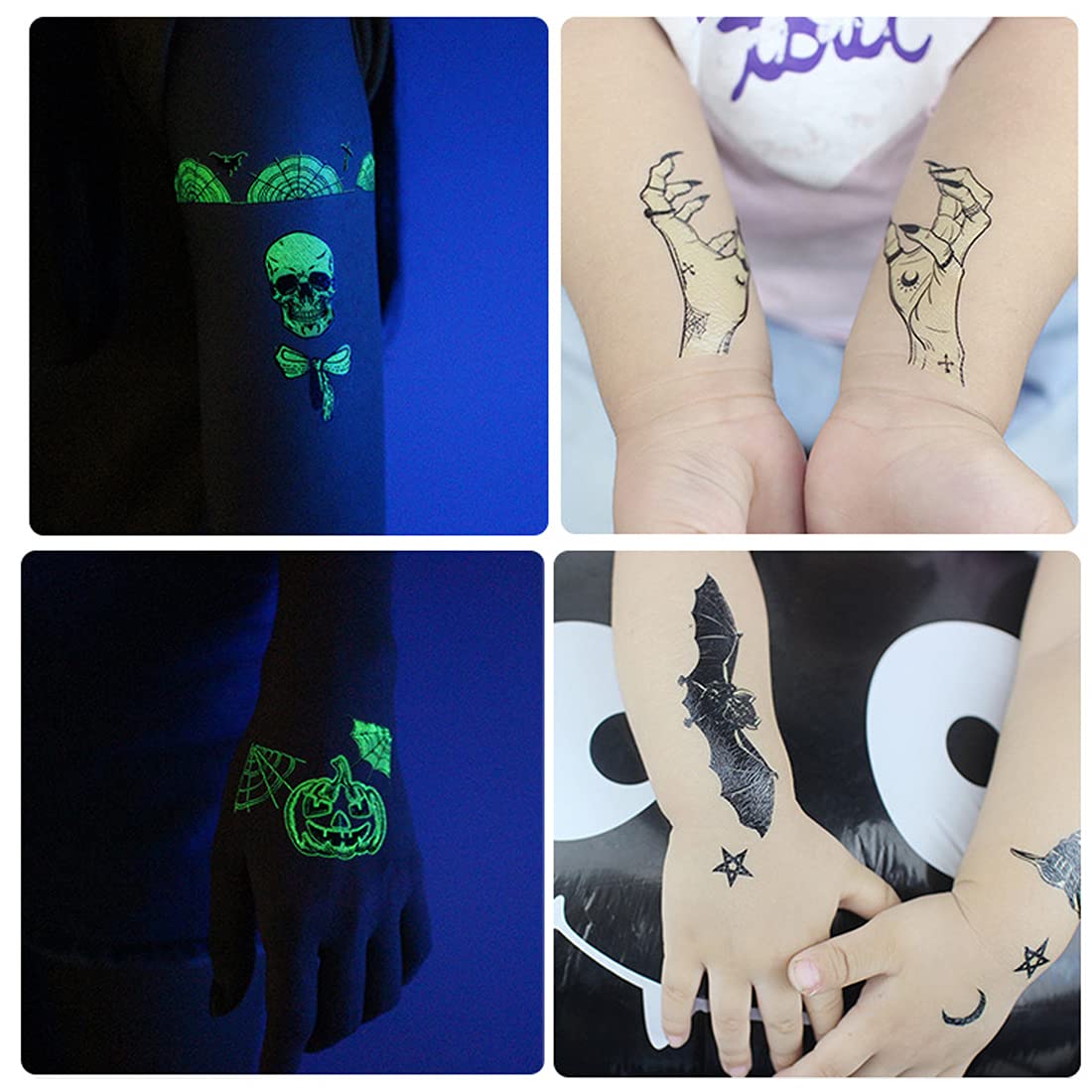Ooopsiun Luminous Halloween Temporary Tattoos for Kids - 80 Black Styles Glow in The Dark Halloween Tattoos Party Favors Decorations for Boys Gilrs