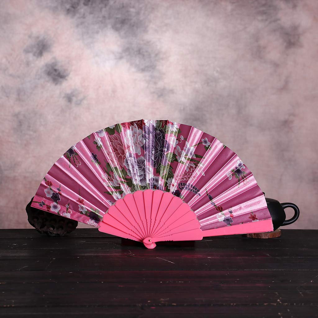 Party Dance Lace Fan Wedding Silk Hand Held Folding Flower Fans Window Fans with Exhaust And Intake (Pink, One Size)