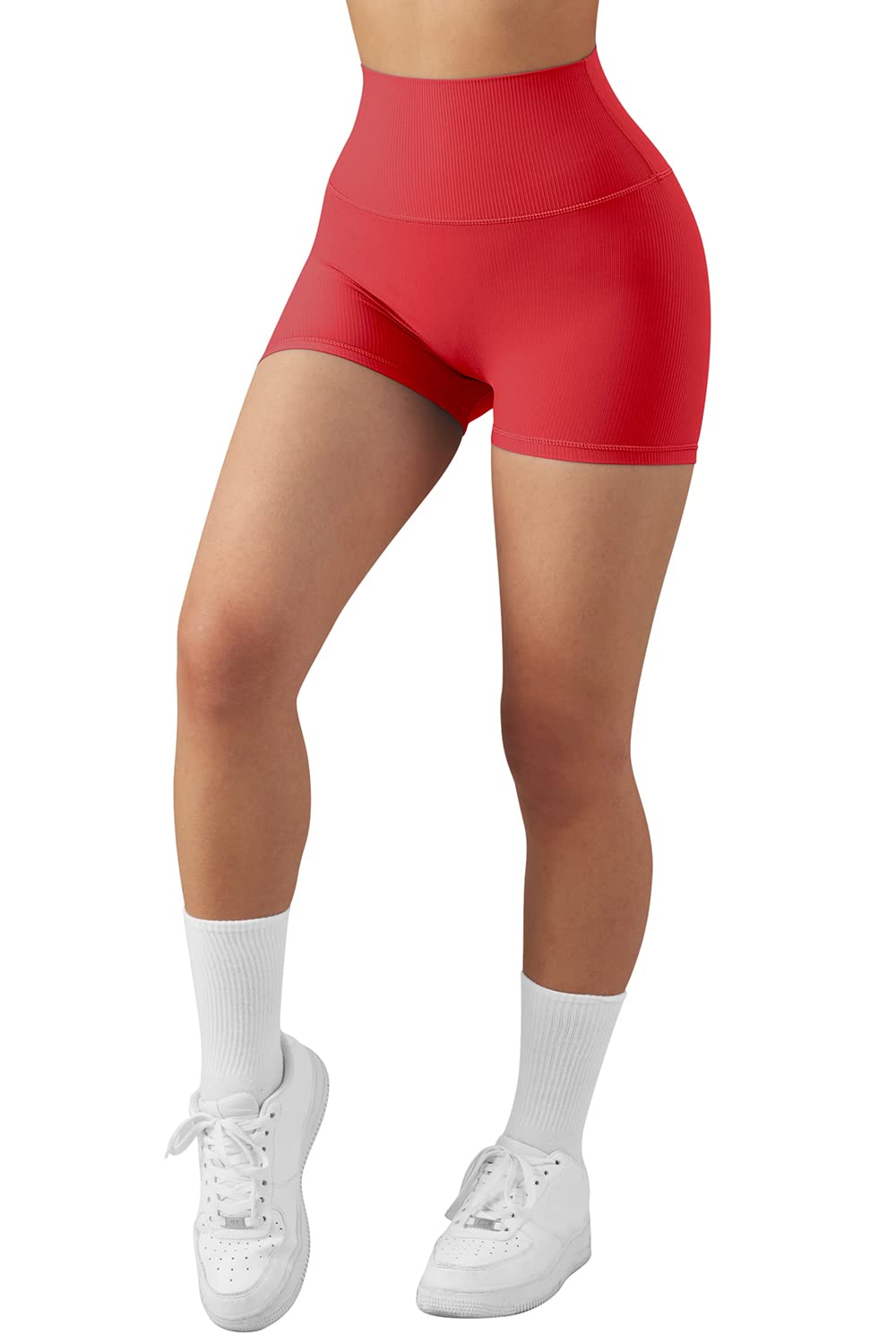 MOOSLOVER Women Ribbed Seamless Biker Shorts Butt Lifting High Waisted Workout Shorts(S,#1 Red)