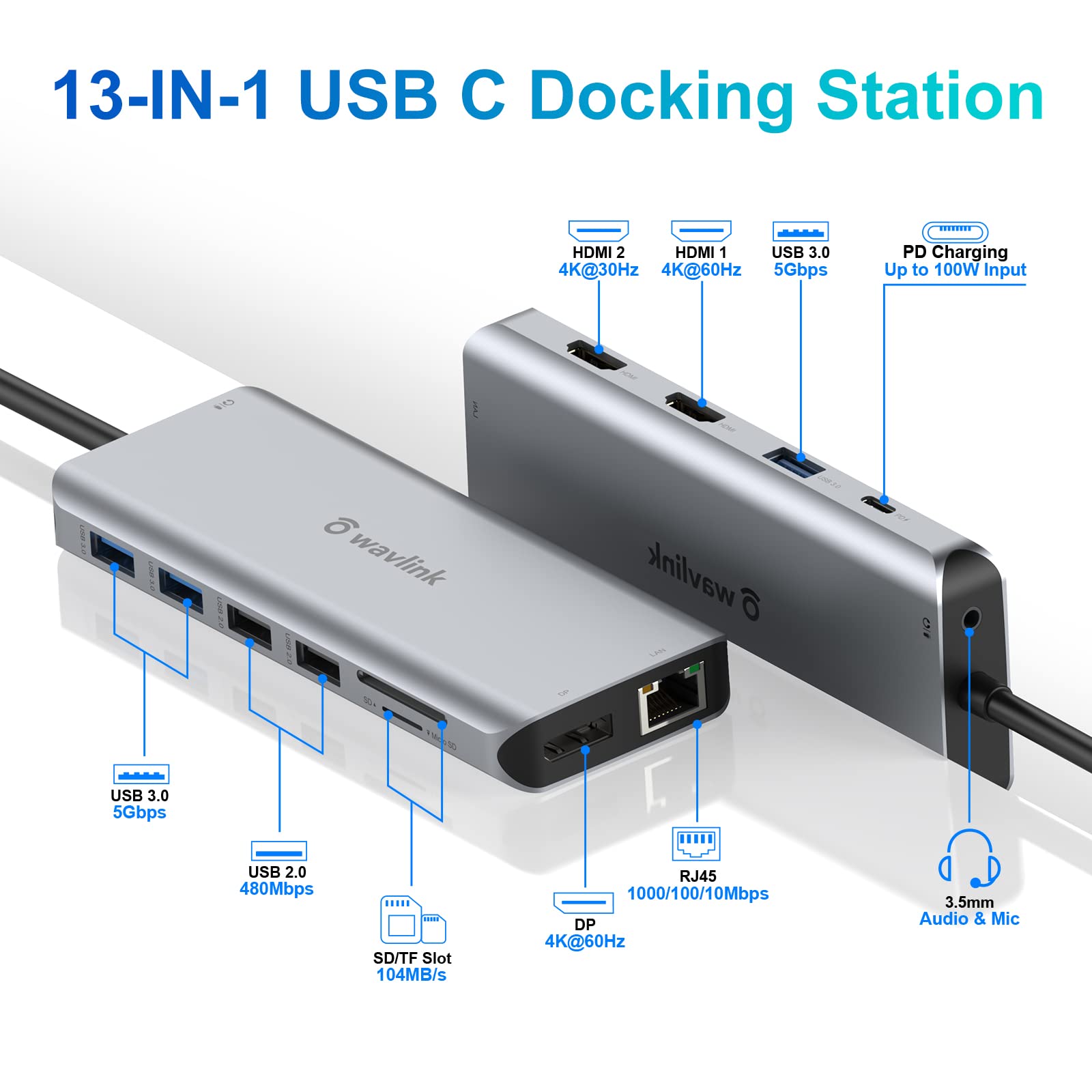 WAVLINK USB C Hub/Docking Station,Triple Display Type-C Adapter for MacBook Pro,Dell XPS 13/15,HP,Lenovo Yoga (2 HDMI,DisplayPort,Ethernet,USB 3.0/2.0,SD/TF Card Reader,Audio Jack,89W PD3.0)