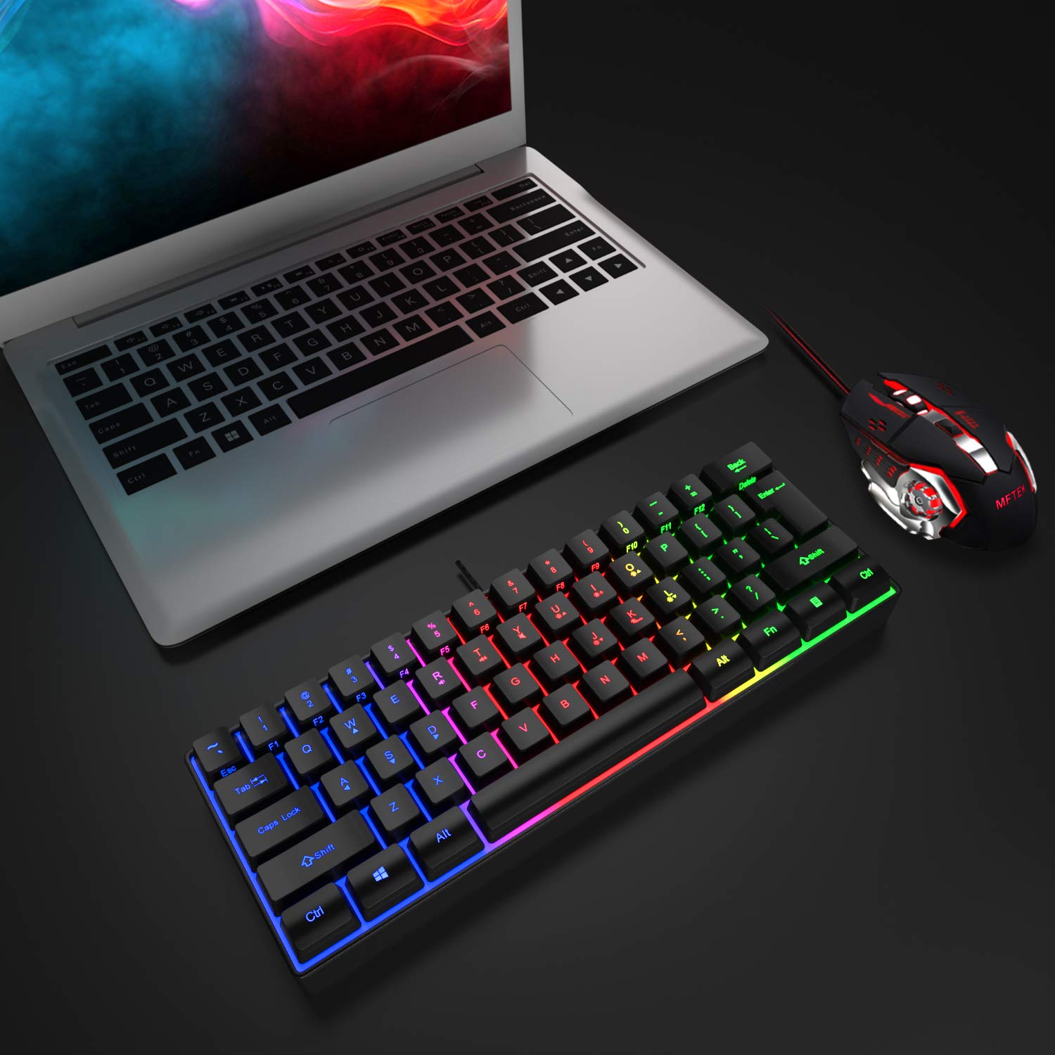 MFTEK 60% Gaming Keyboard and Mouse Combo, Ultra Compact 61 Keys TKL Design Gaming Keyboard with RGB Rainbow Backlit, Illuminated Gaming Mouse, USB Wired Keyboard Mouse Set for Laptop PC PS4 Gamer