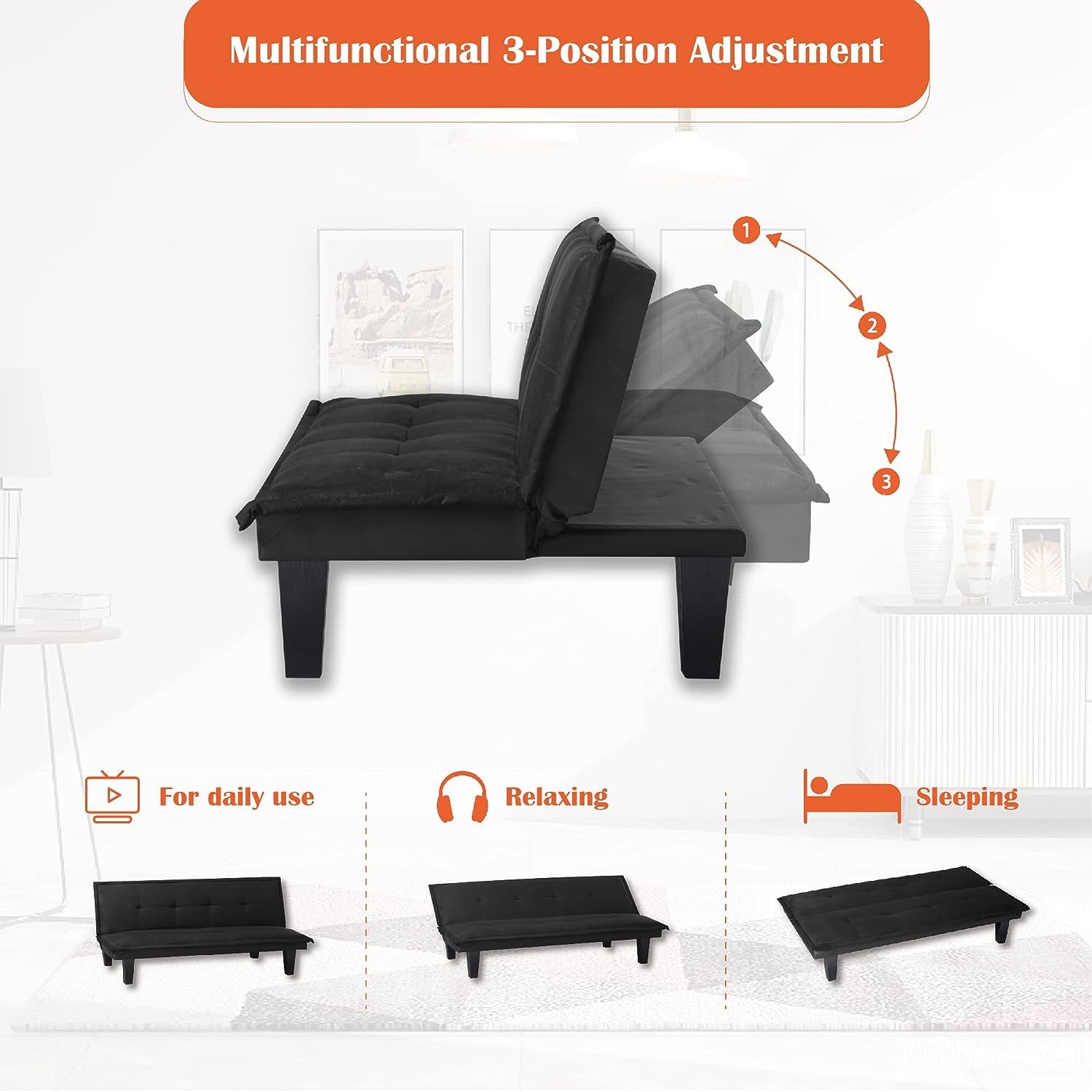 LCH Convertible Folding Sofa Bed, Futon Sofabed with 3 Adjustable Positions for Living Room, Home, 63.8β x29.9βx 28.3β, Black